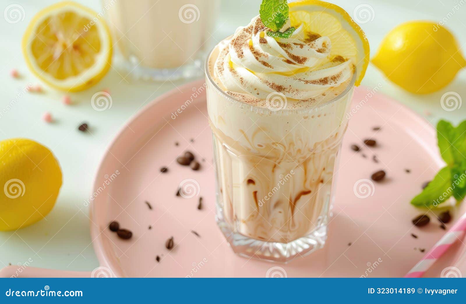 Lemon and Coffee Milkshake with Whipped Cream on a Pastel Pink Plate ...