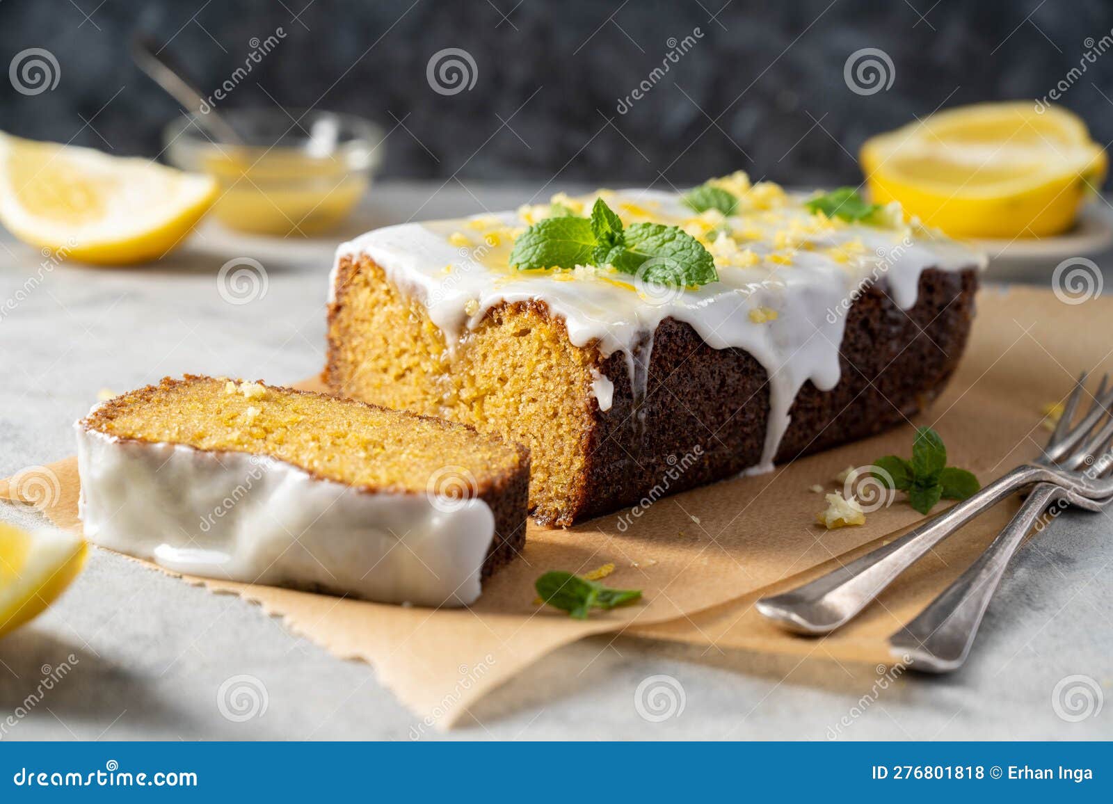 Lemon Drizzle Loaf Cake, Homemade Sponge Soft Cake with Sugar Icing ...