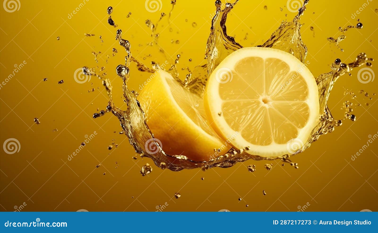 Lemon Dropped on the Yellow Water Surface with Lemon Slice and Water ...