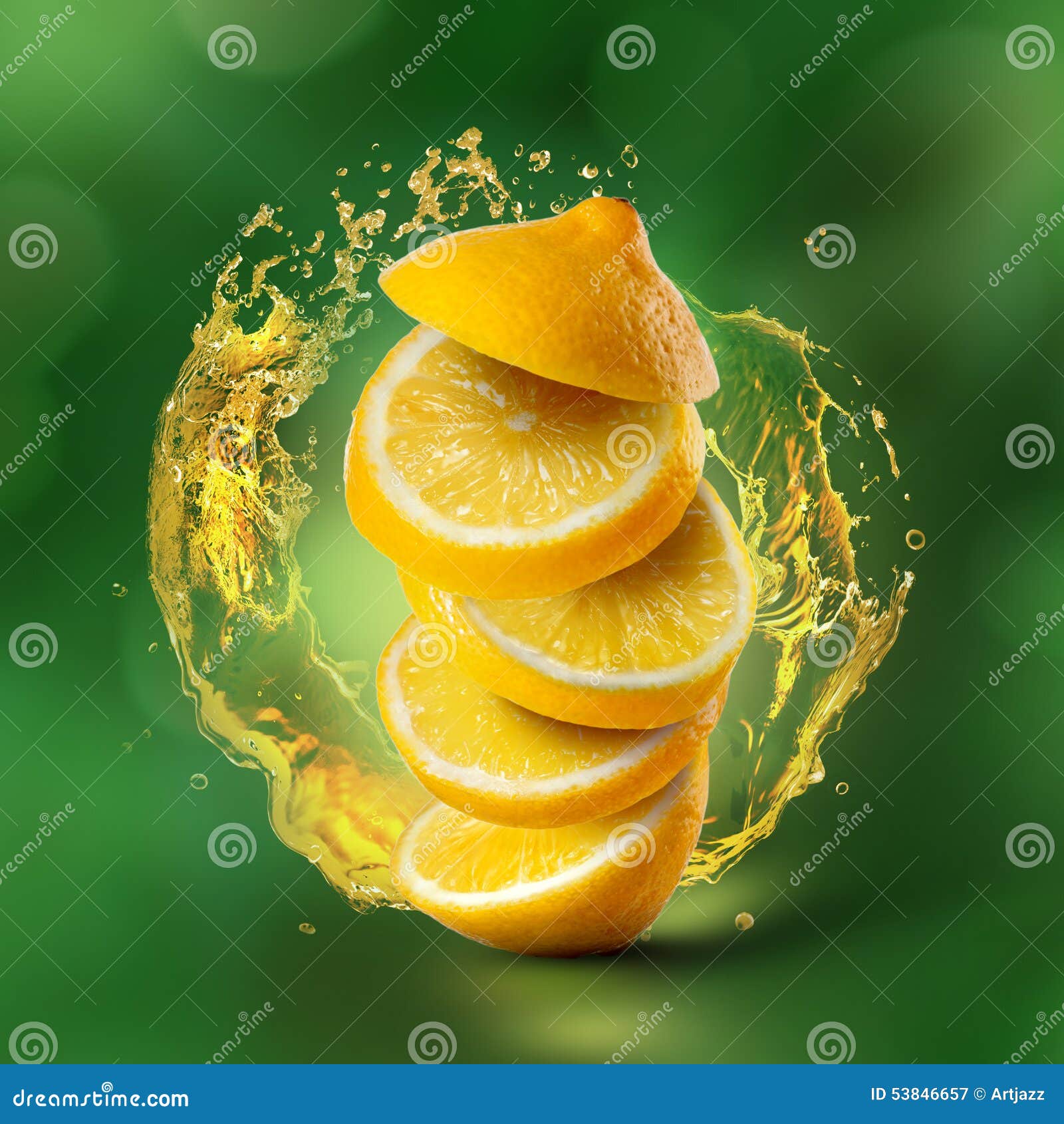 Lemon Flying in Air with Juice Splash on Green Stock Illustration ...