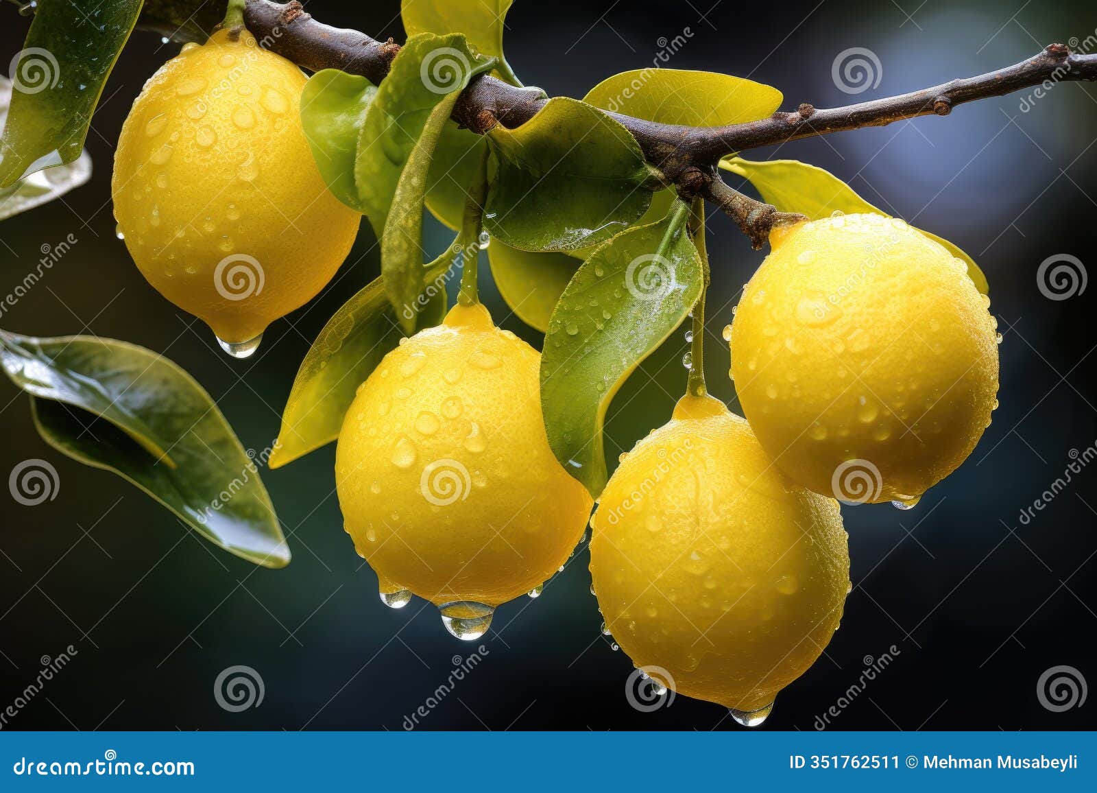 Lemons on a Branch with Water Drops after the Rain. Lemon Fruit Hanging ...