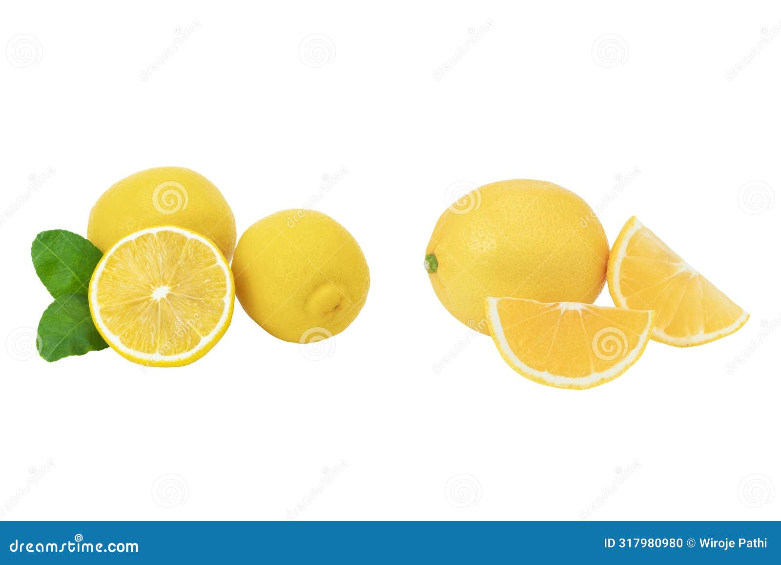 Lemon Fruit with Leaf Isolate. Lemon Whole, Half, Slice, Leaves on ...