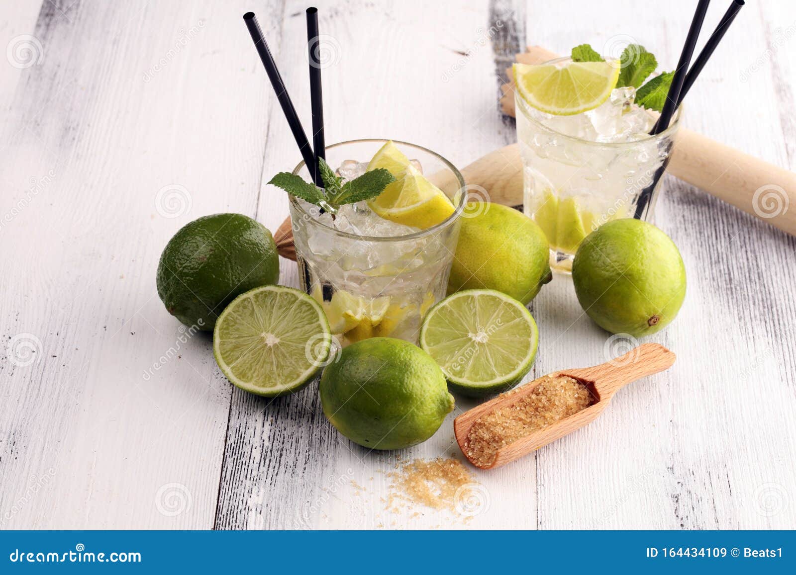 Lemon Fruit Lime Caipirinha of Brazil. Cocktail with Lemon and Mint ...