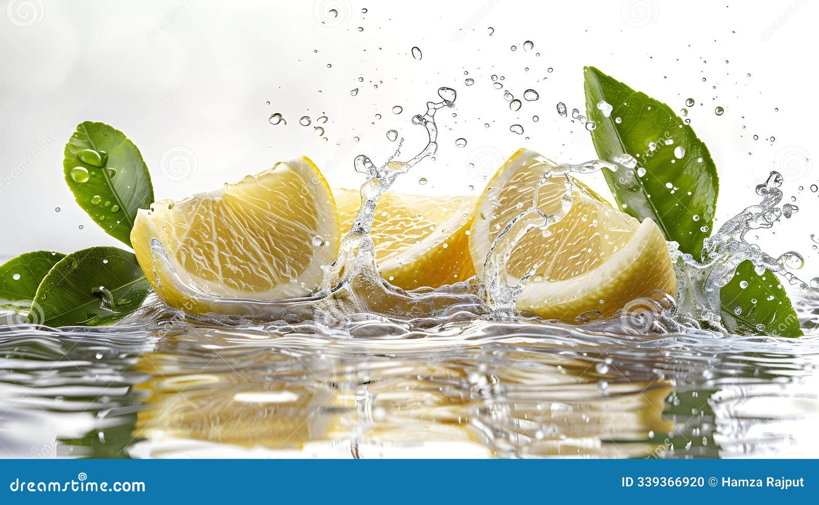 Lemon Fruit Slice, Leaves and Water Wave, on White Background Stock ...