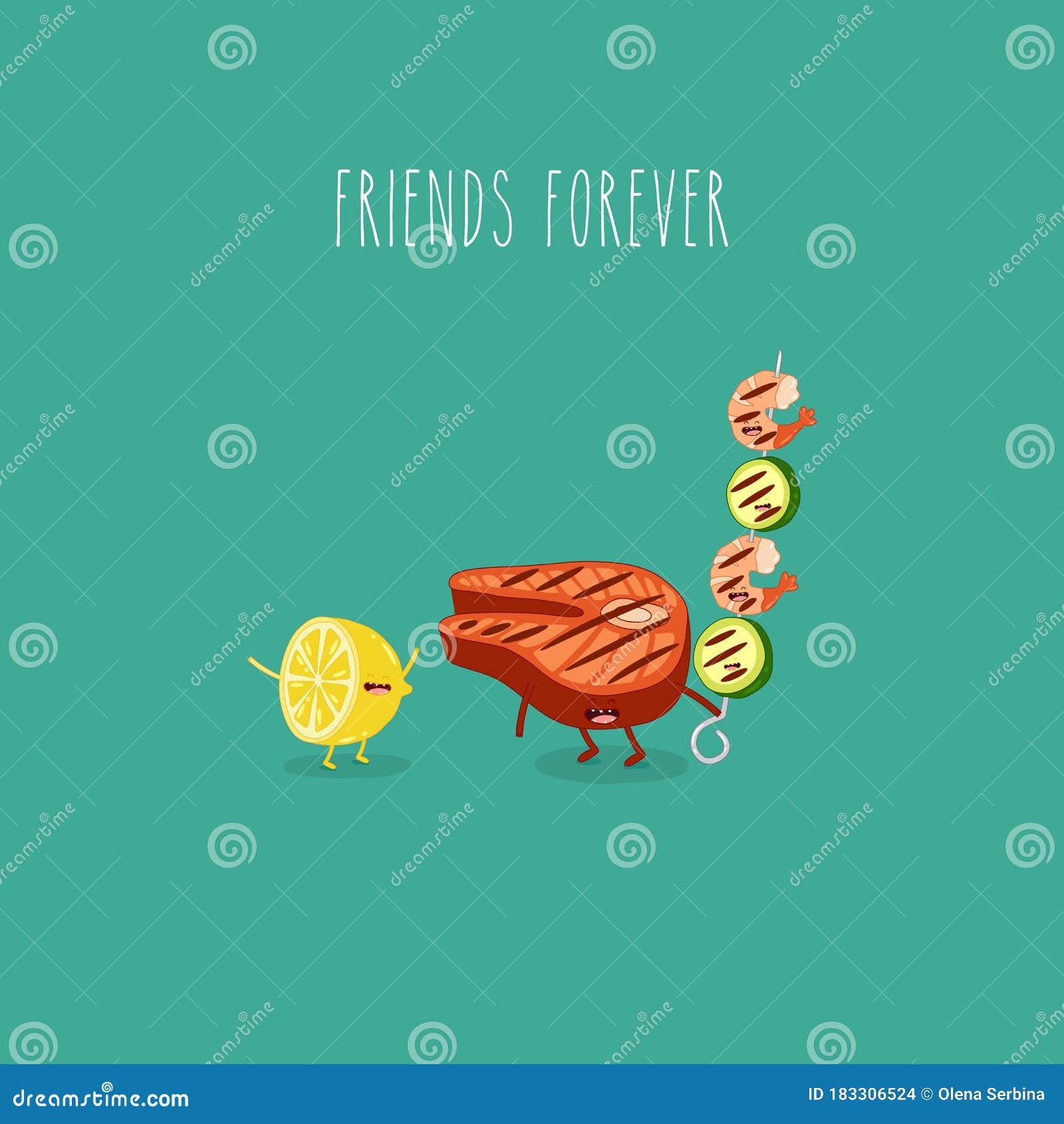 Lemon Grill Salmon Shrimp Friends Forever. Vector Illustration Stock ...