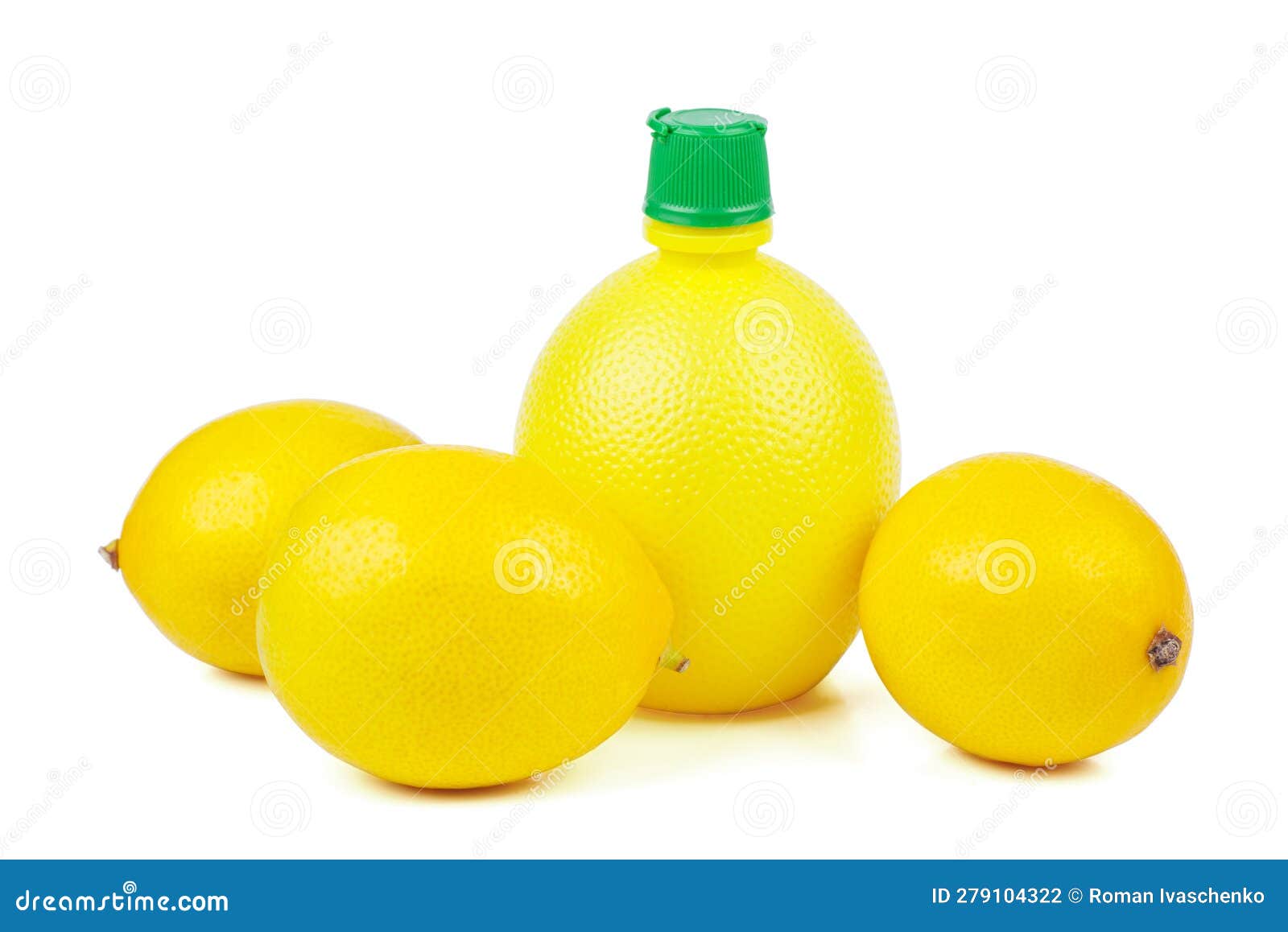 Lemon Juice(condiments) in a Bottle and Three Lemons Isolated on a ...