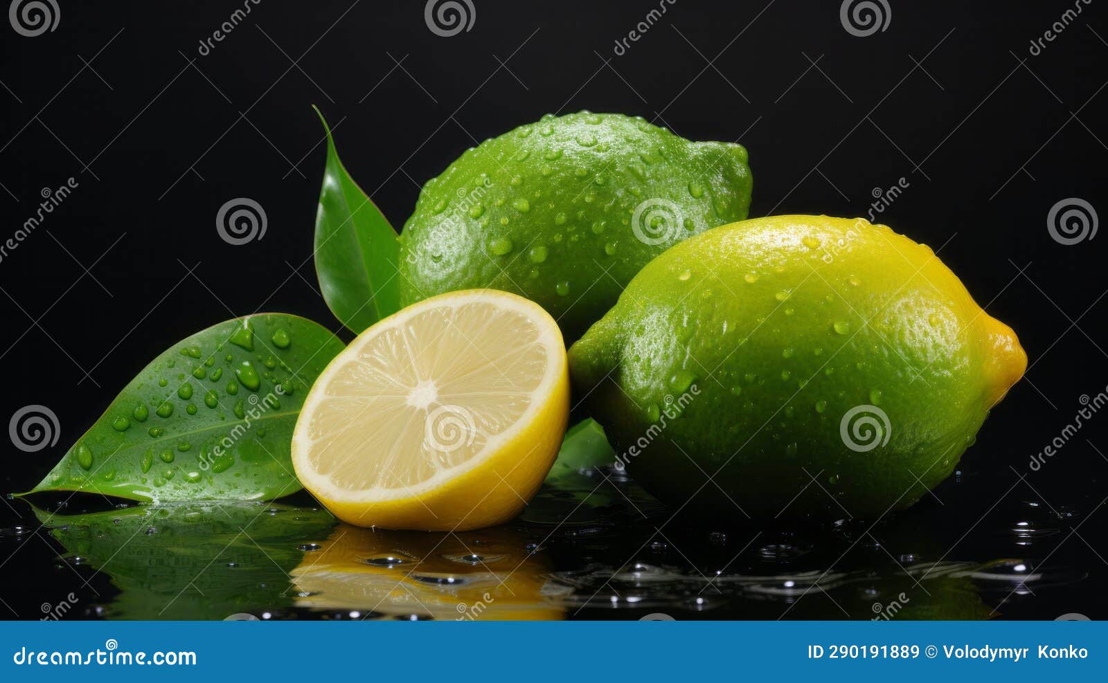 A Lemon and a Lime with Leaves on a Black Background. Generative Ai ...