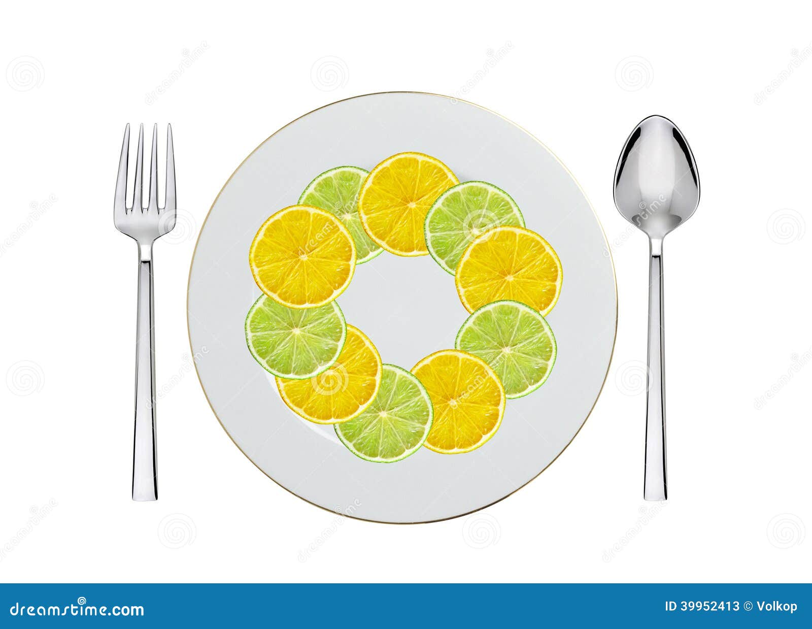 Lemon and Lime Slices Plate, Spoon and Fork Isolated on White Stock ...