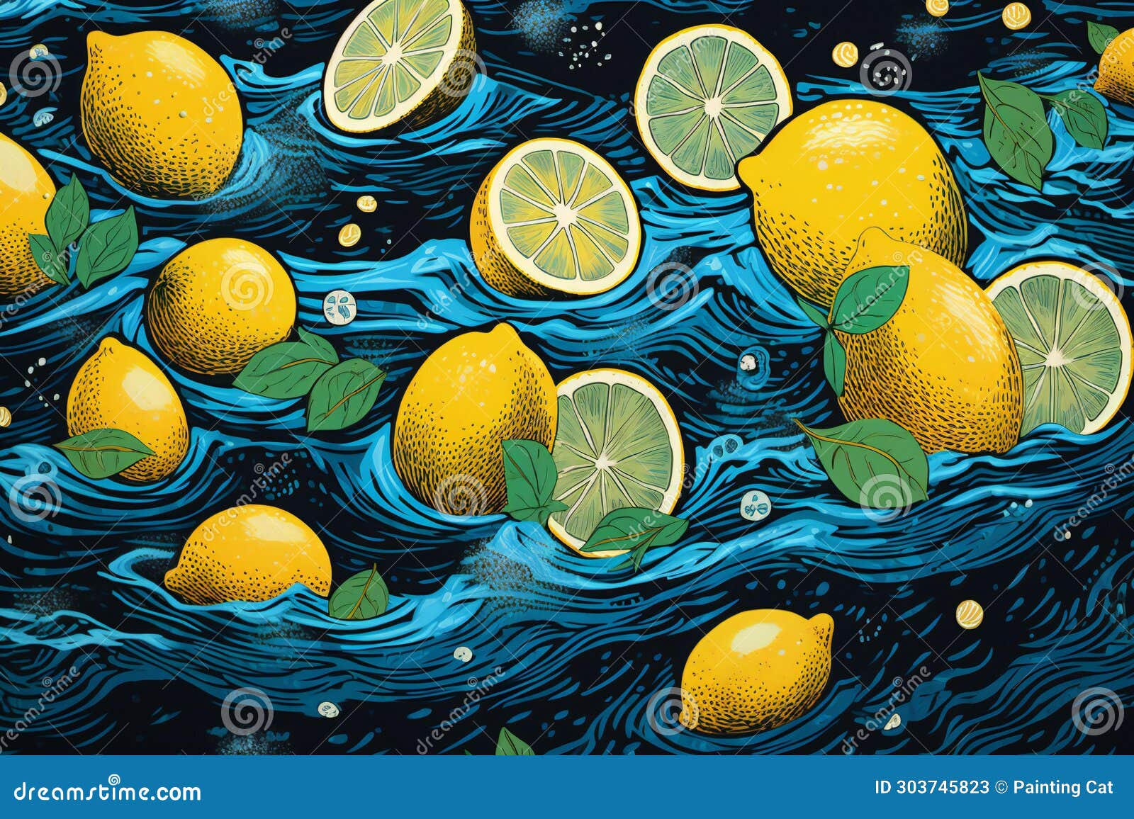 Lemon and Lime in Water, Hand Drawn Illustration in Vintage Style Stock ...