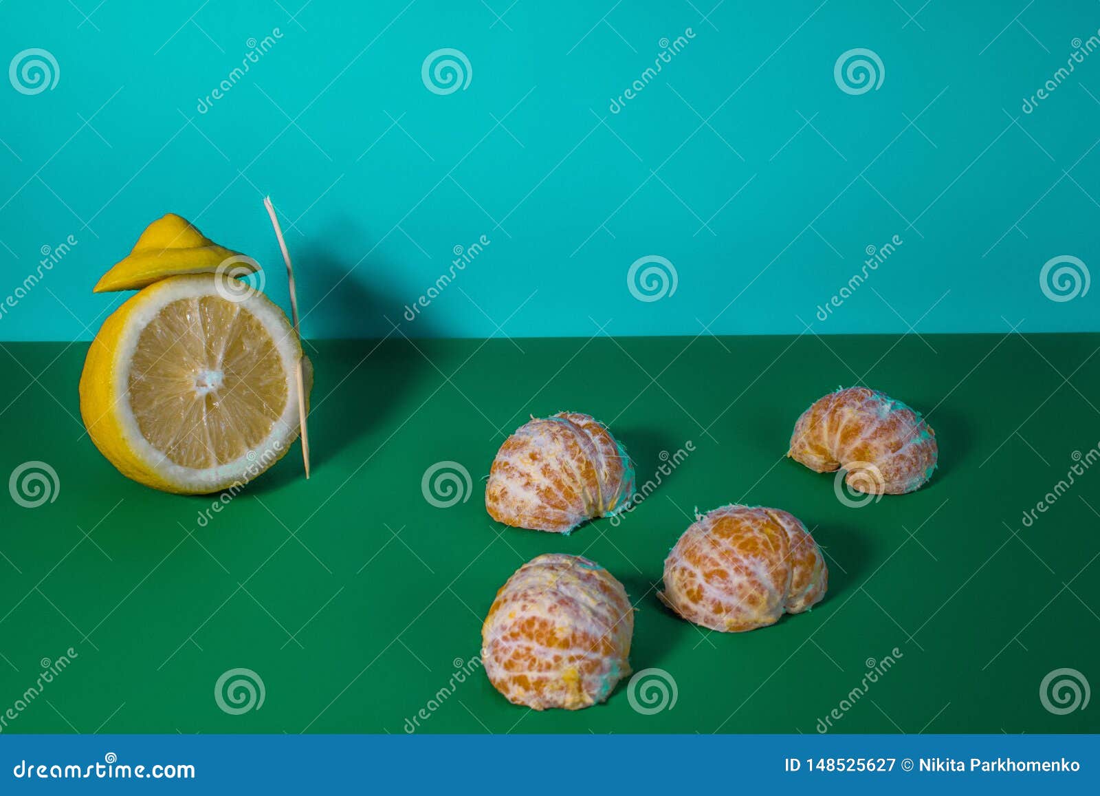 Lemon and Mandarin on a Blue Background Stock Image - Image of ...