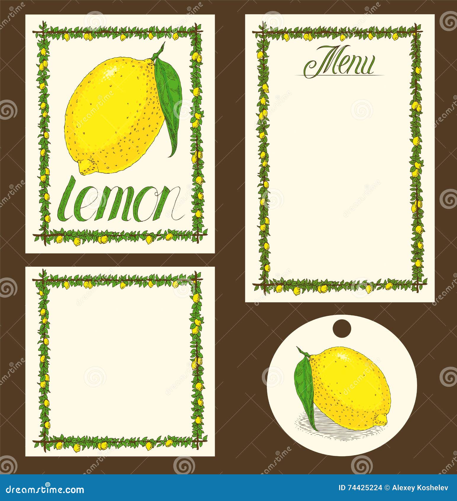 Lemon Menu Pages, Card and Tag Design Set Stock Vector - Illustration ...