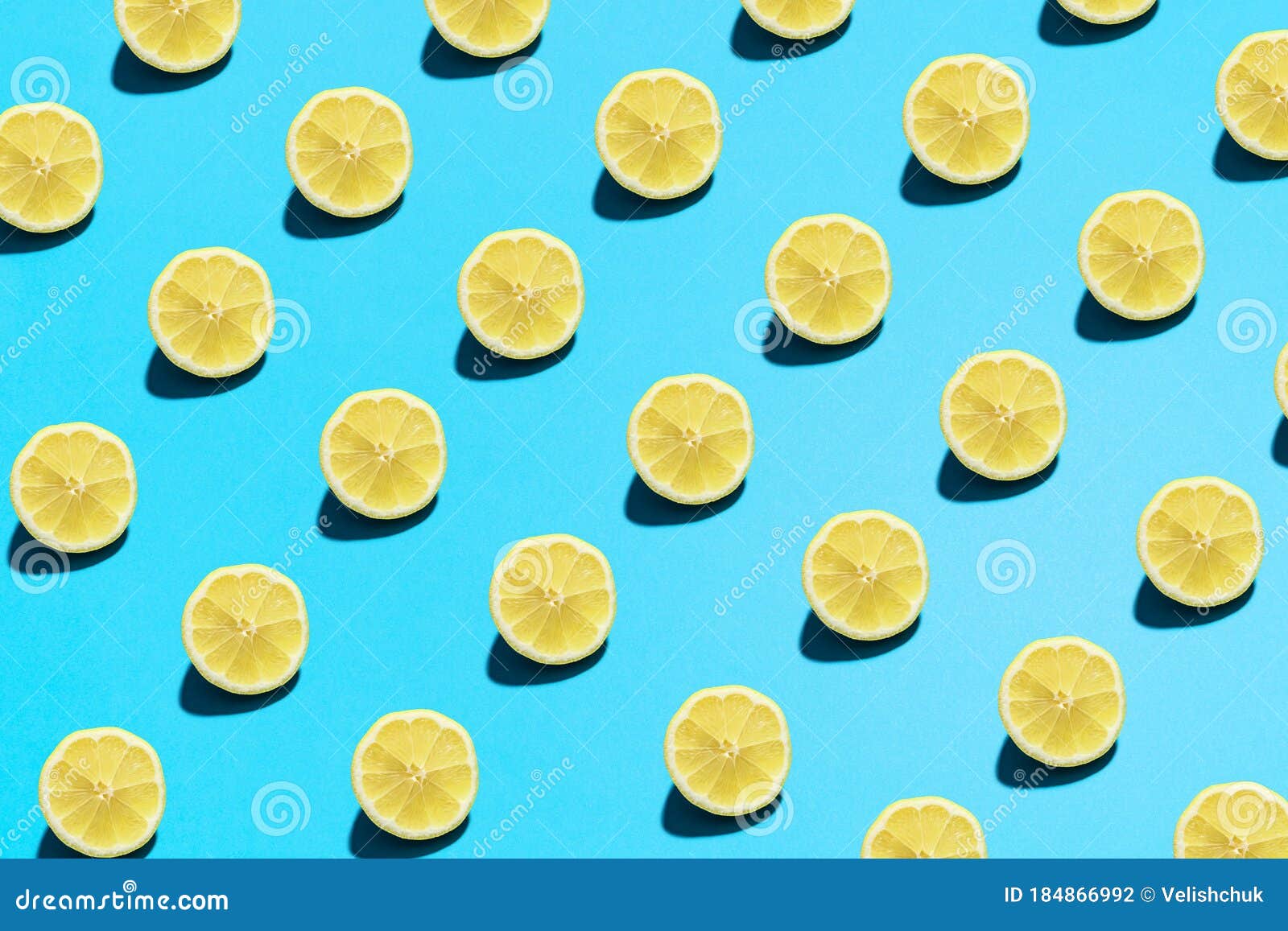 Lemon Pattern on Bright Light Blue Background. Minimal Flat Lay Food ...
