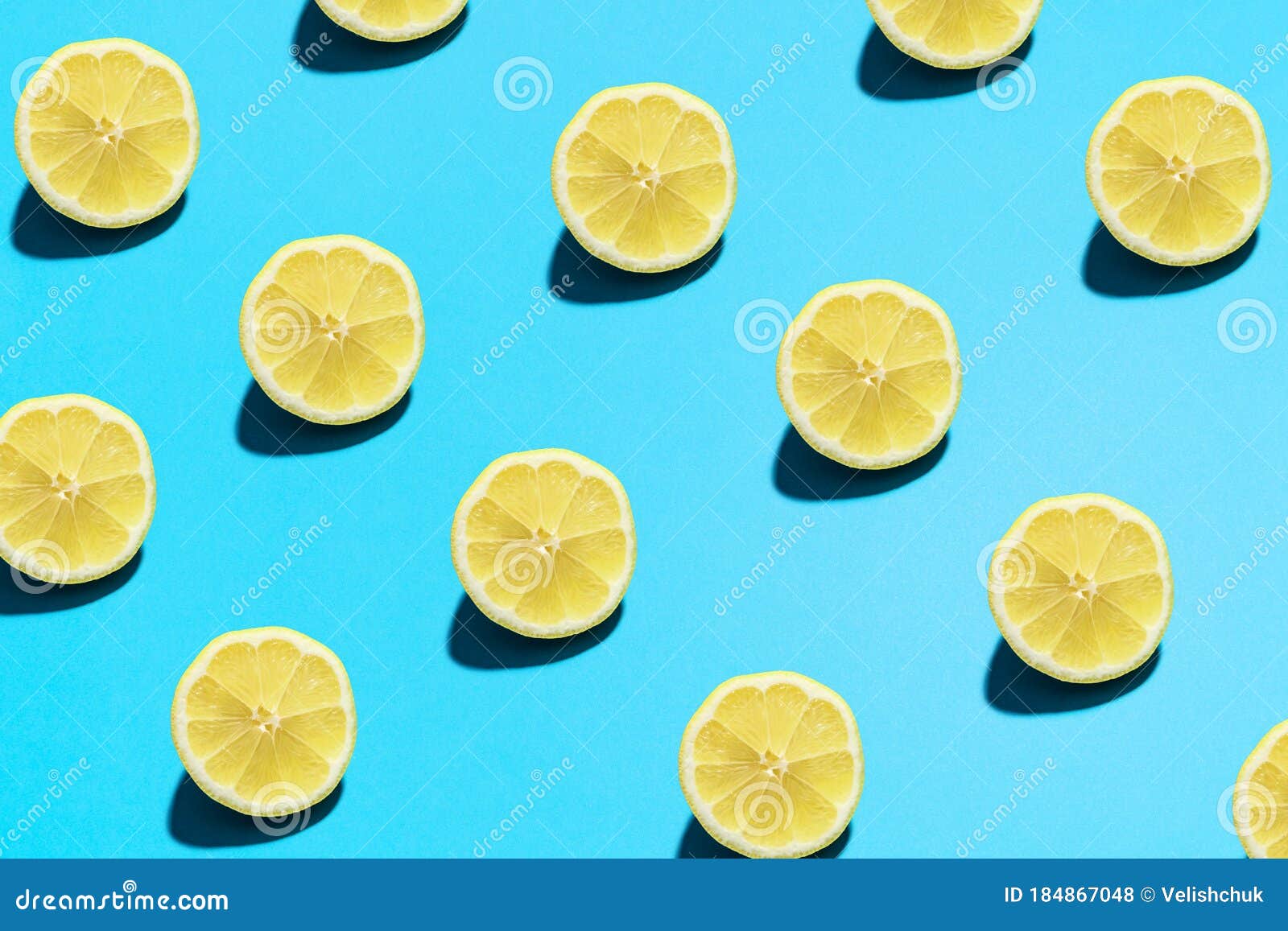 Lemon Pattern on Bright Light Blue Background. Minimal Flat Lay Food ...