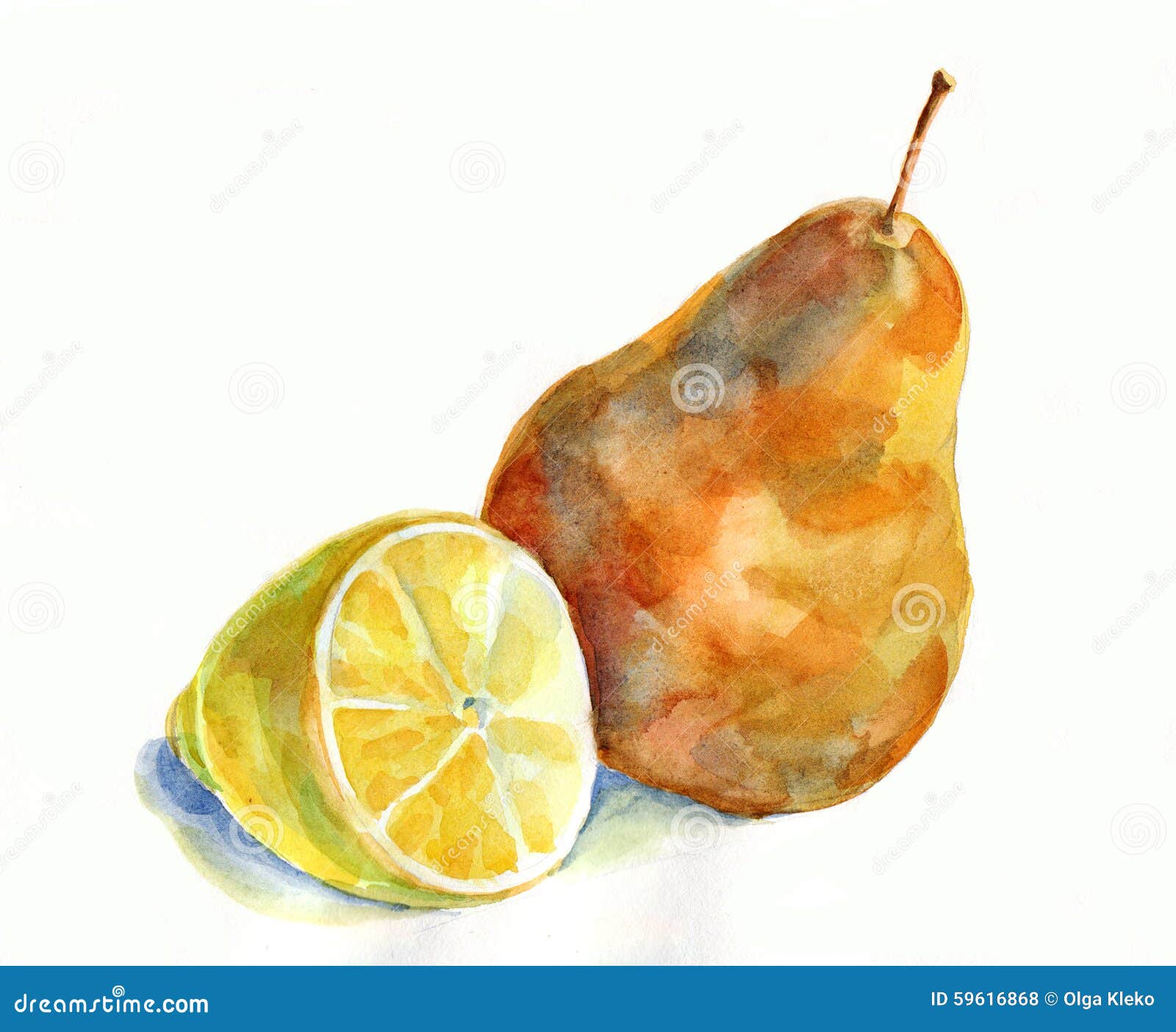 Lemon and pear, watercolor stock illustration. Illustration of bright ...