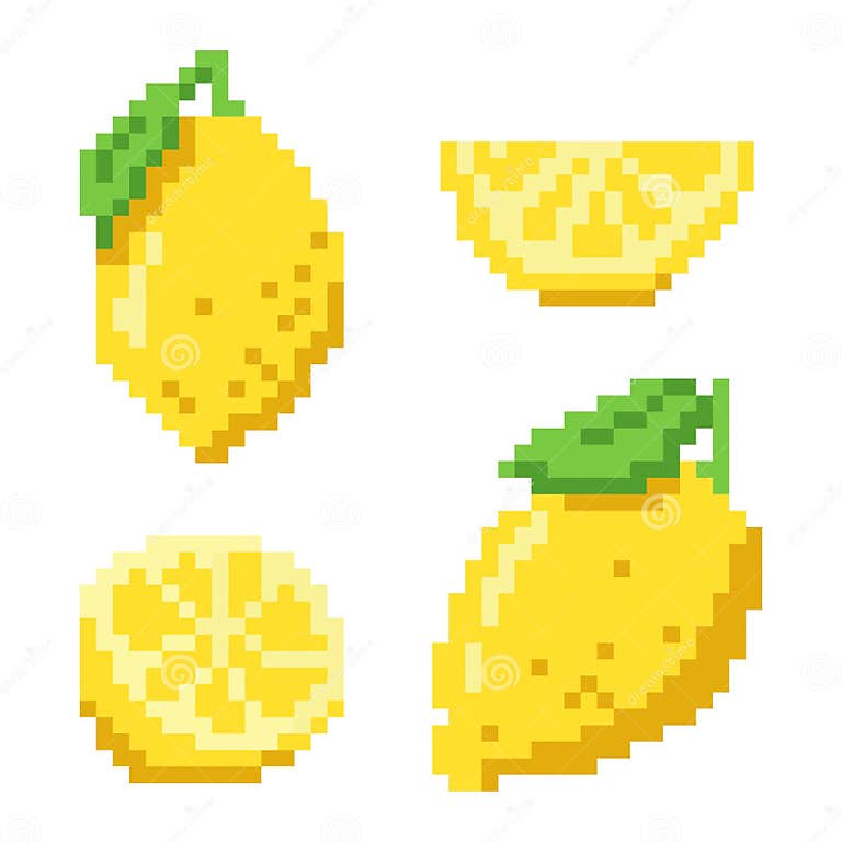Lemon Pixel Art. Fruit Set. Whole, Lemon Slice Stock Vector ...
