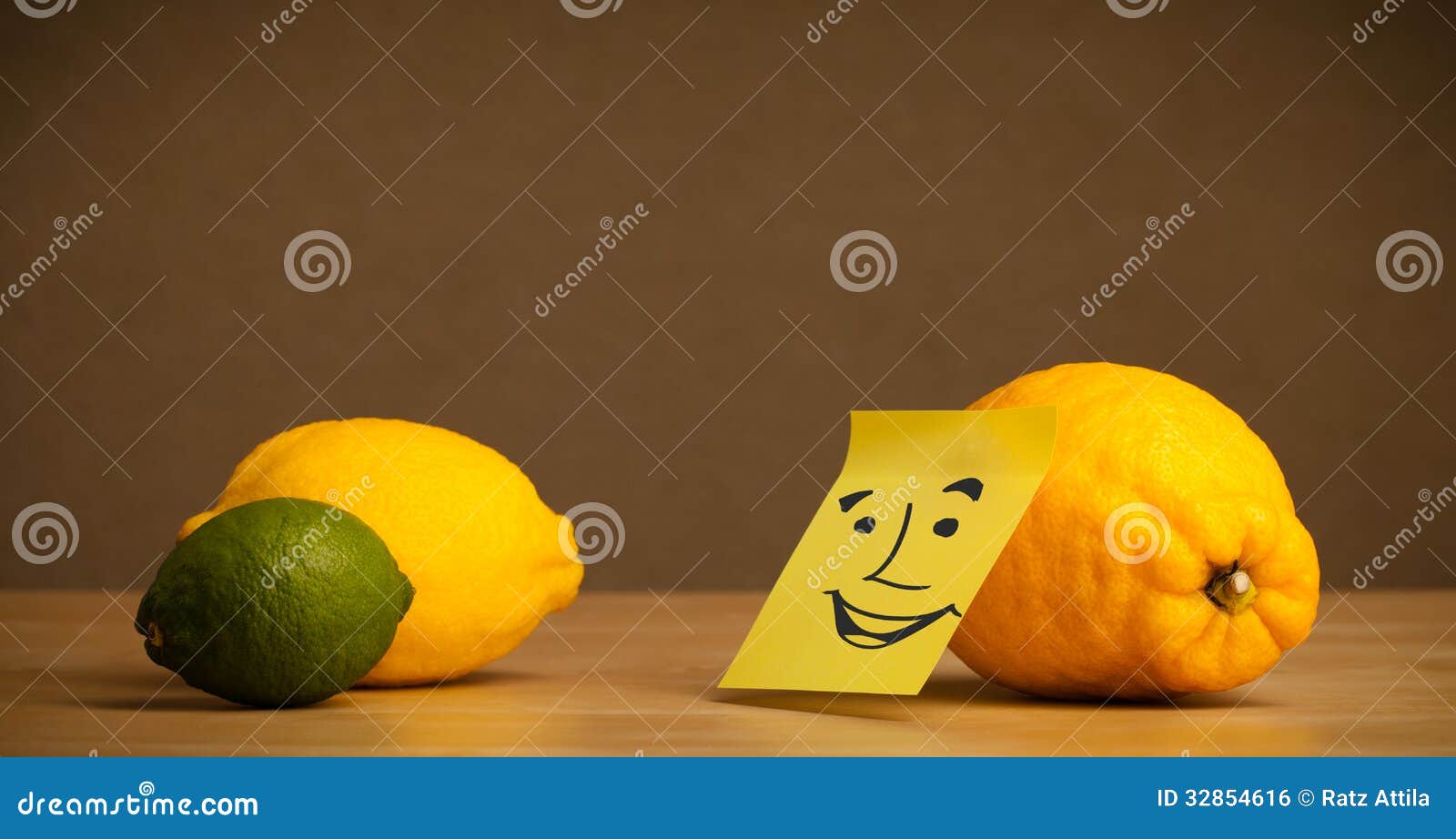 Lemon with Post-it Note Smiling at Citrus Fruits Stock Photo - Image of ...
