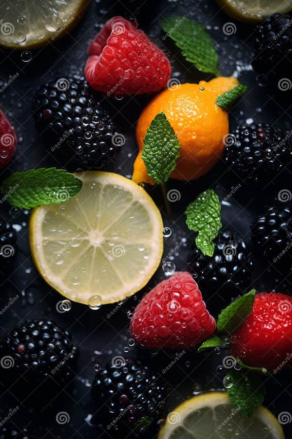 Lemon Raspberries Blackberries and Mint on a Dark Surface Stock ...