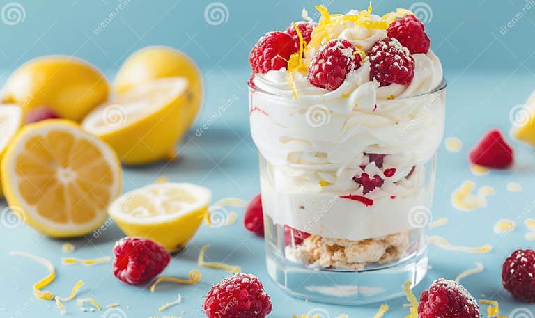 Lemon and Raspberry Parfait with Lemon Zest on a Light Blue Background ...