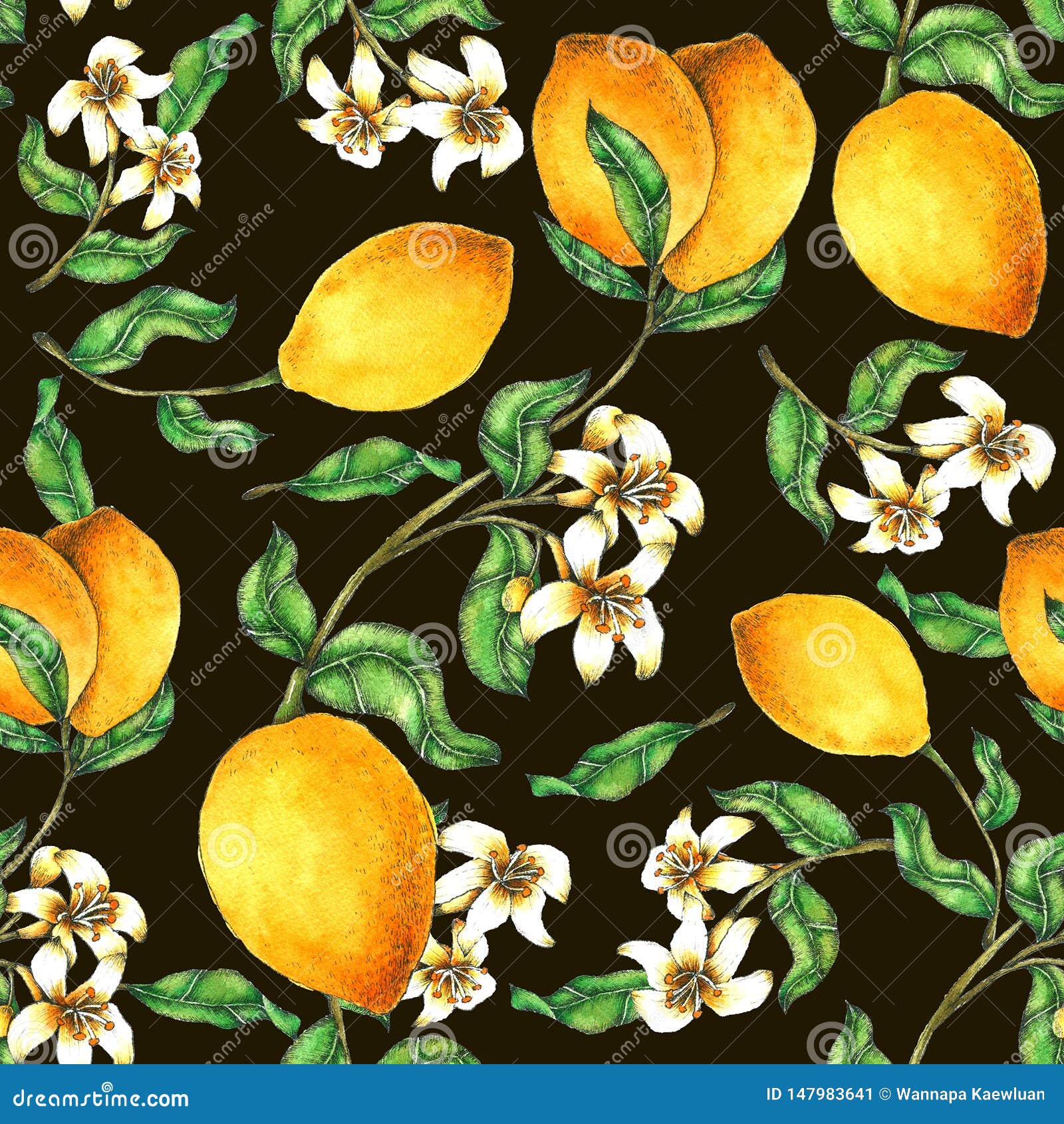 Lemon Seamless Pattern Hand Painted in Watercolor Stock Illustration ...