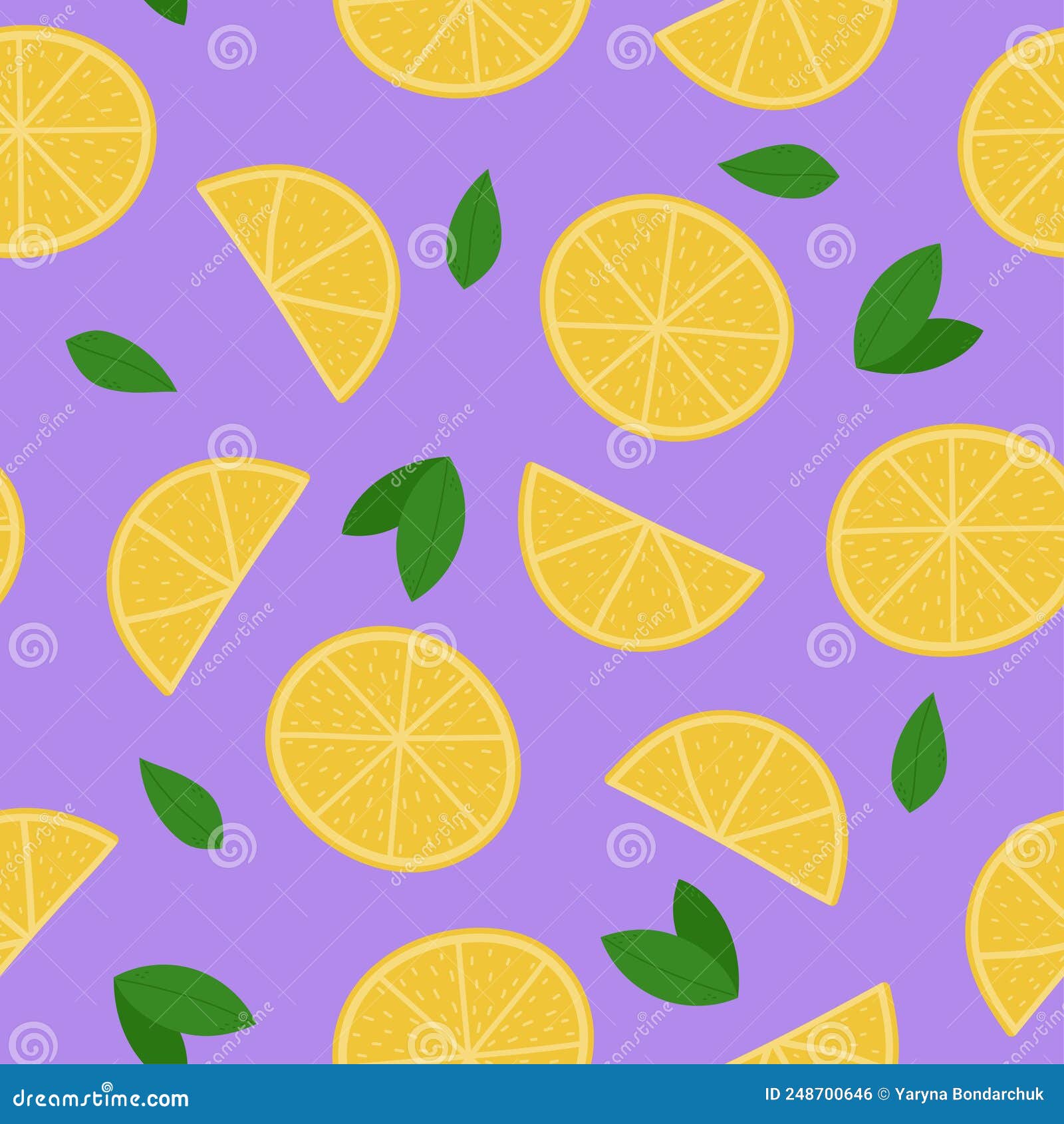Lemon Seamless Pattern. Lemon Slices and Leaves on Blue Background ...
