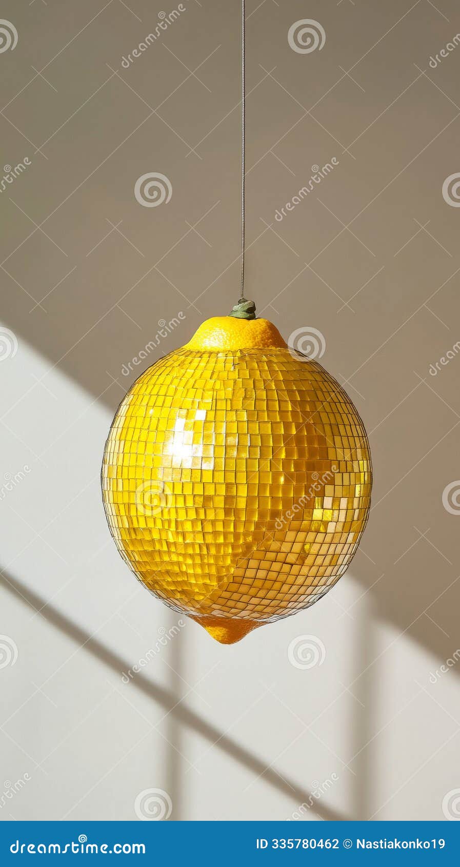 Lemon-shaped Disco Ball Pendant Light Casting Shadow in Minimalistic ...