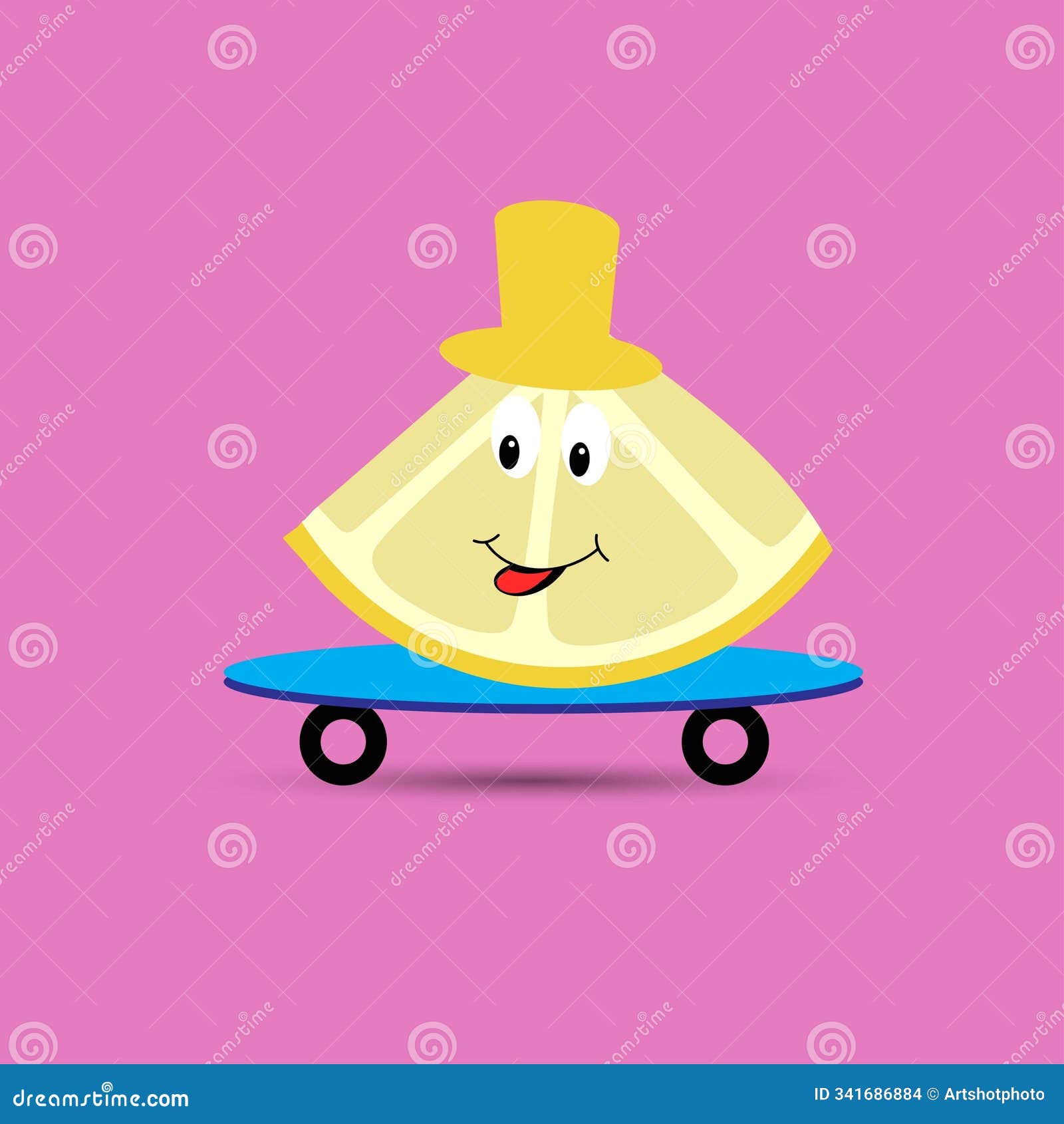 Cute Lemon Slice with Hat on a Skateboard Stock Illustration ...