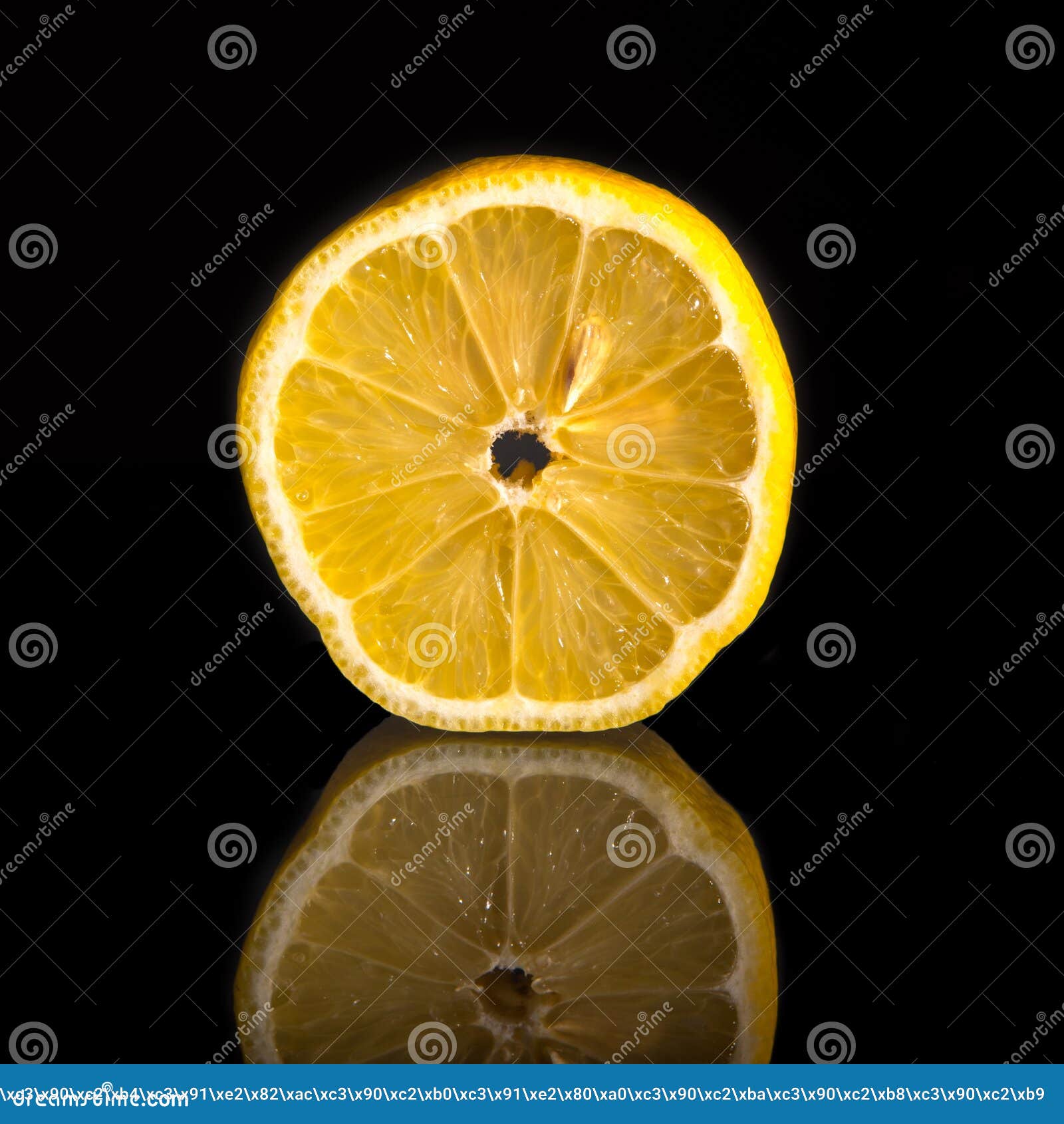 Lemon Slice on a Black Background with Reflection, Close-up, Space for ...