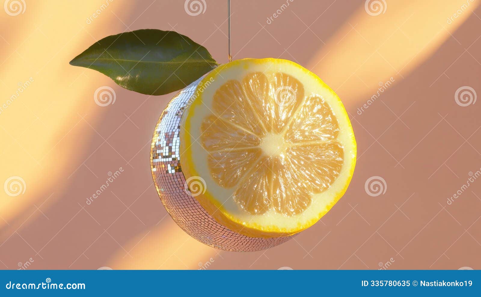 Lemon Slice with Disco Mirror Ball and Leaf on Peach Background Stock ...
