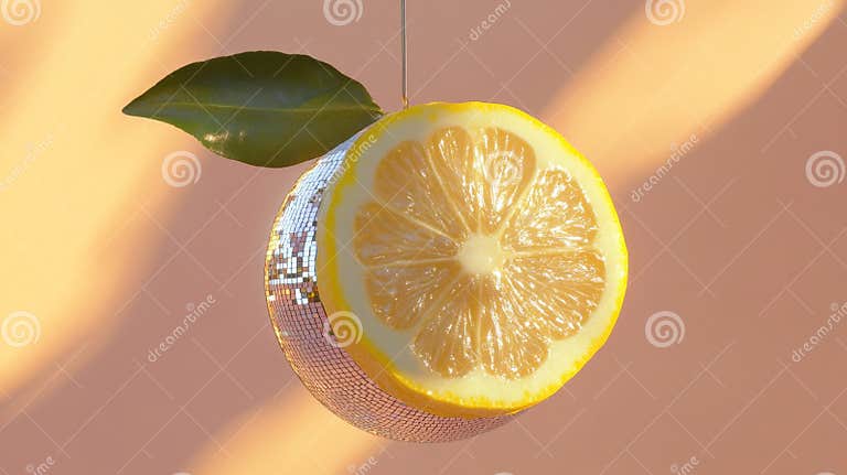 Lemon Slice with Disco Mirror Ball and Leaf on Peach Background Stock ...