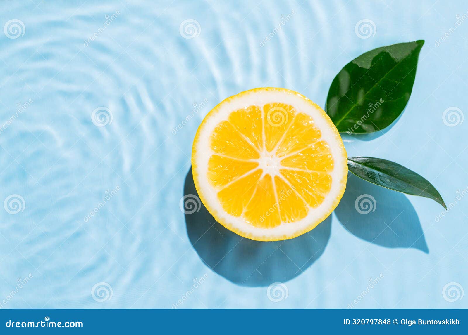 Lemon Slice with Leaves in Water on a Blue Background with Shadow and ...
