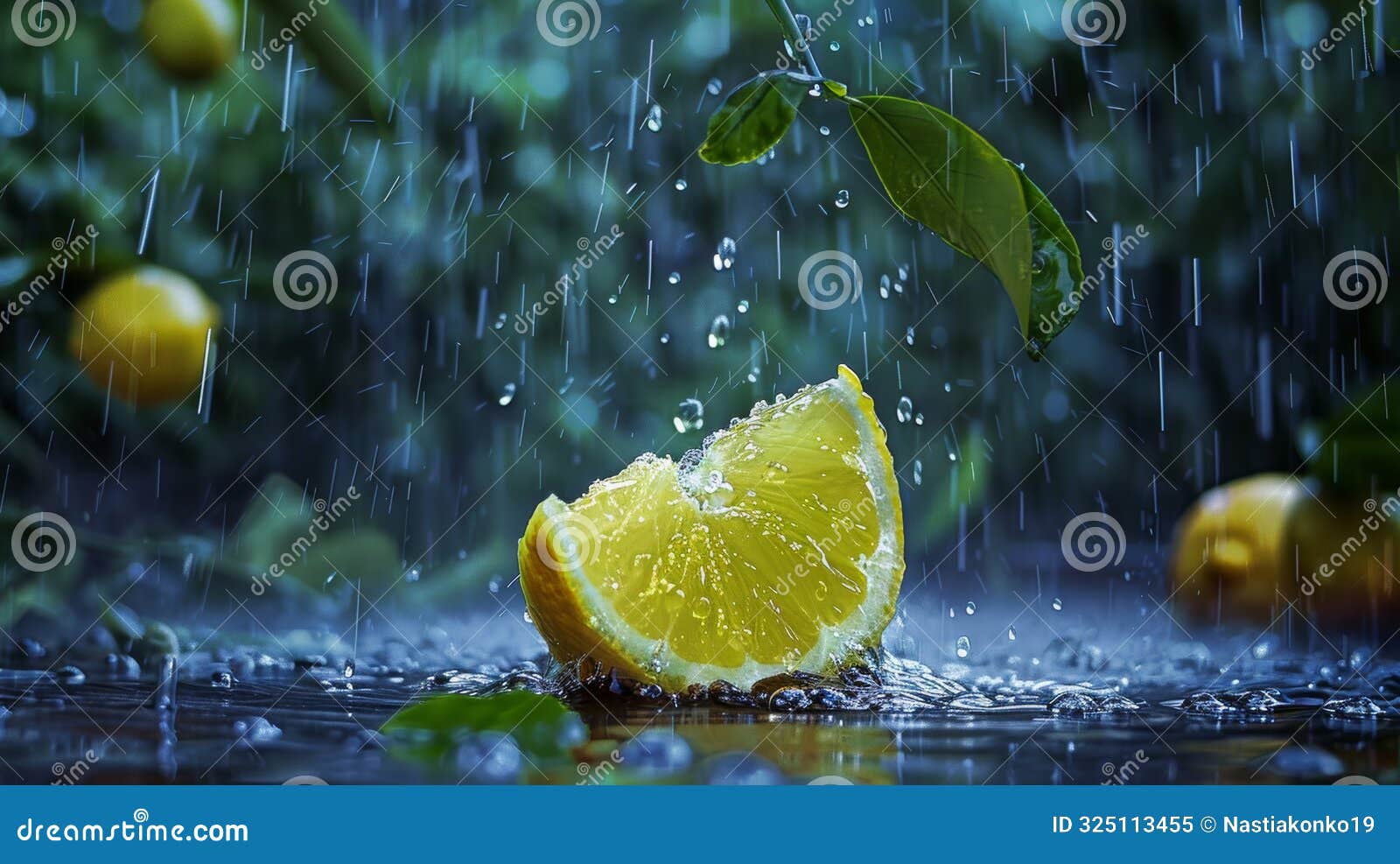 Lemon Slice in Rain, Close-up with Water Splashes. Fresh Fruit and ...