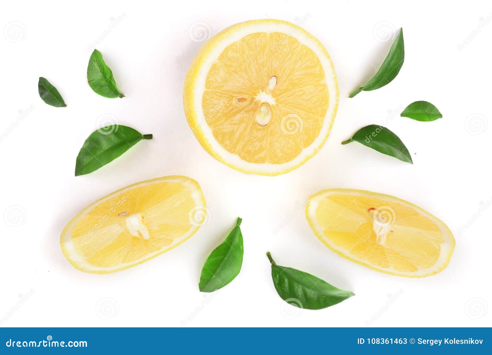 Lemon and Slices with Leaf Isolated on White Background. Flat Lay, Top ...