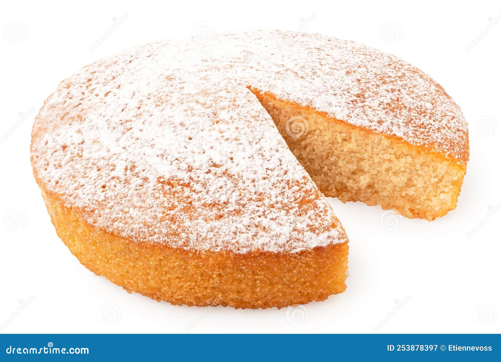 Lemon Sponge Cake with Icing Sugar Topping and Wedge Missing Isolated ...