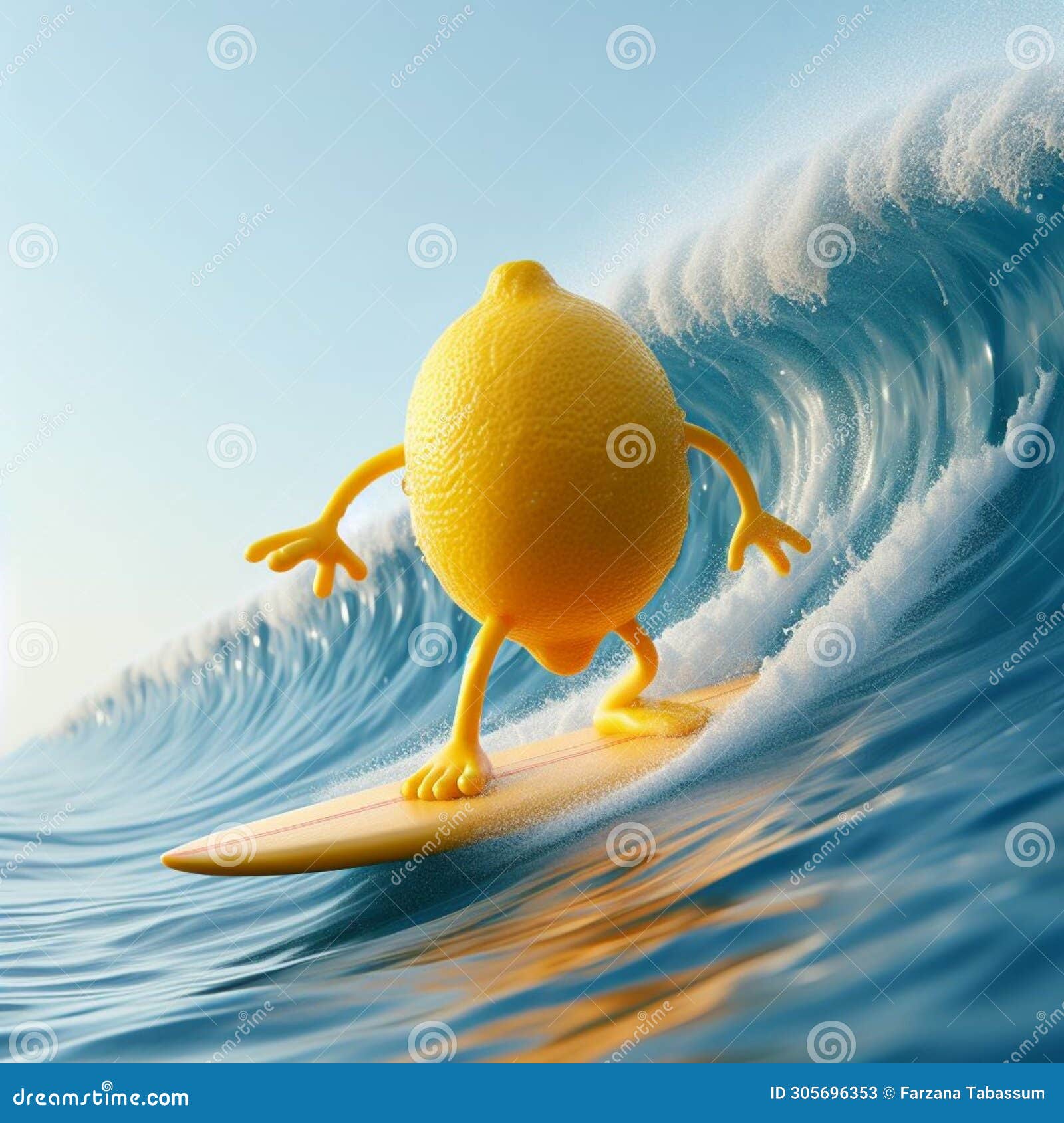 Lemon on Surfboard, Creative Funny Fruit Image HD Stock Illustration ...