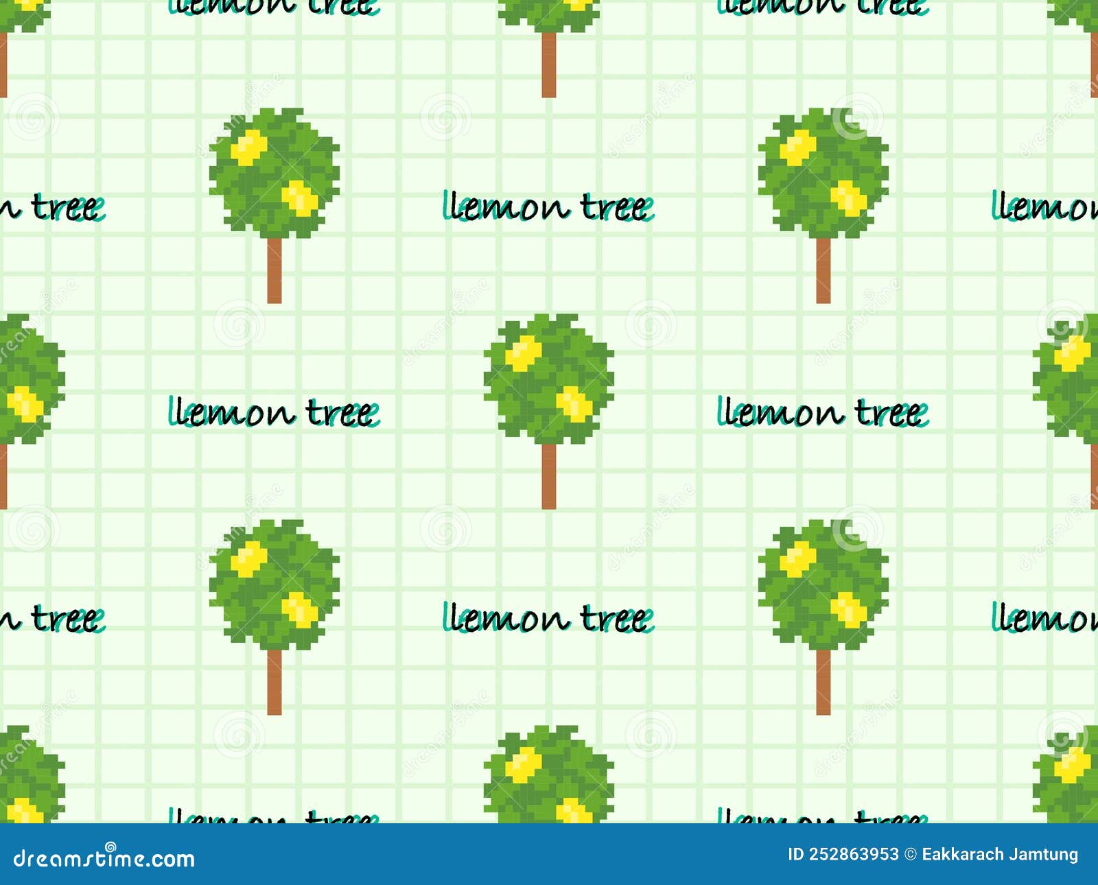 Lemon Tree Seamless Pattern on Green Background. Pixel Style Stock ...