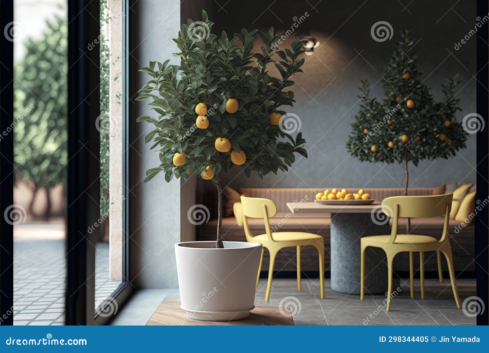 Lemon Tree in a Modern Cafe. 3d Rendering, Mock Up Stock Illustration ...
