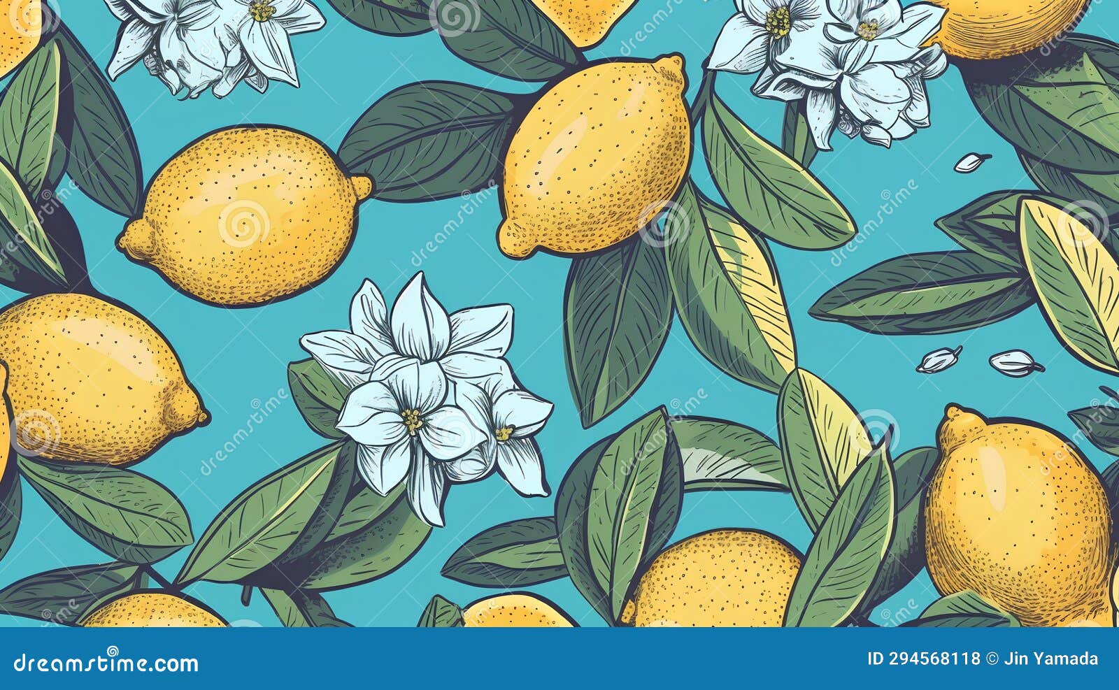 Lemon Vector Seamless Pattern. Lemons with Leaves and Flowers on Blue Background Stock ...