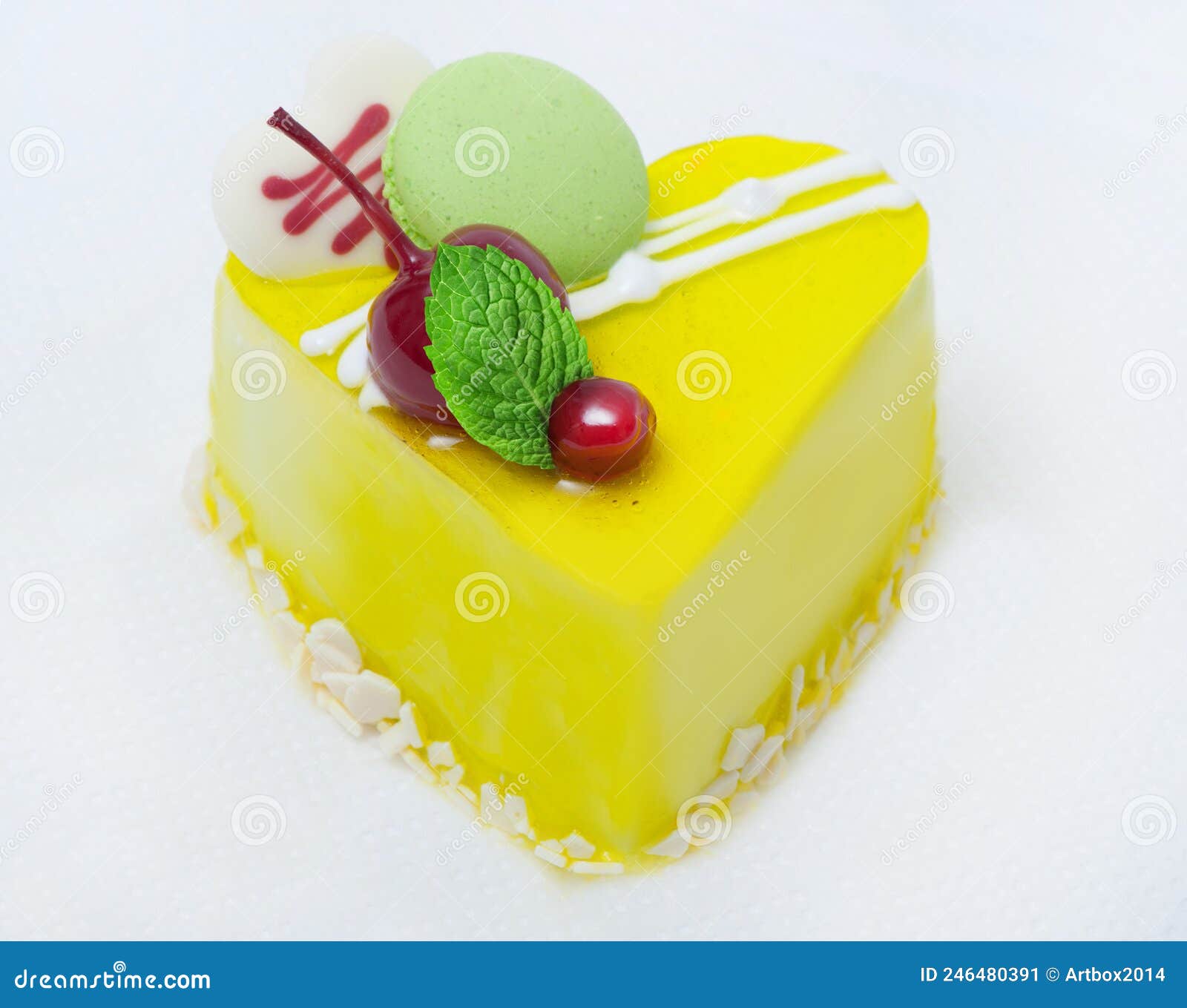 Lemon Yellow Heart Cake with Cherries and Cream on White Background ...