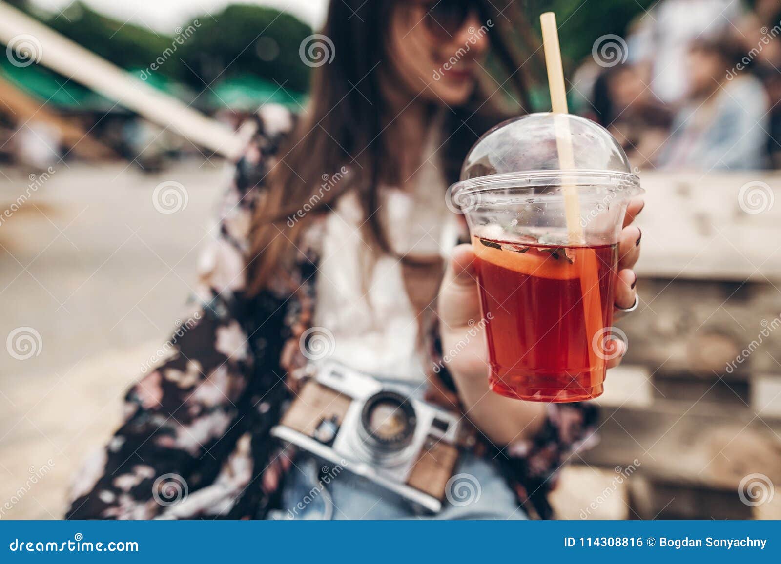 Lemonade In Hand Happy Stylish Hipster Woman Holding Lemonade Stock