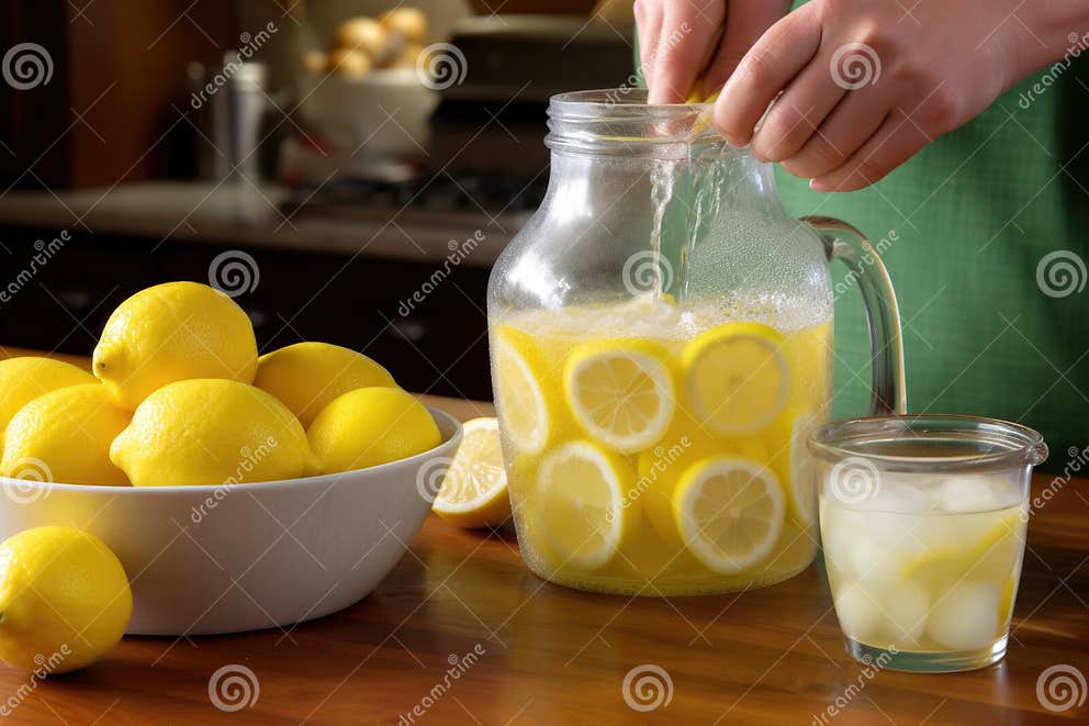 Lemonade Making Process: Cutting, Squeezing, and Pouring into a Pitcher ...