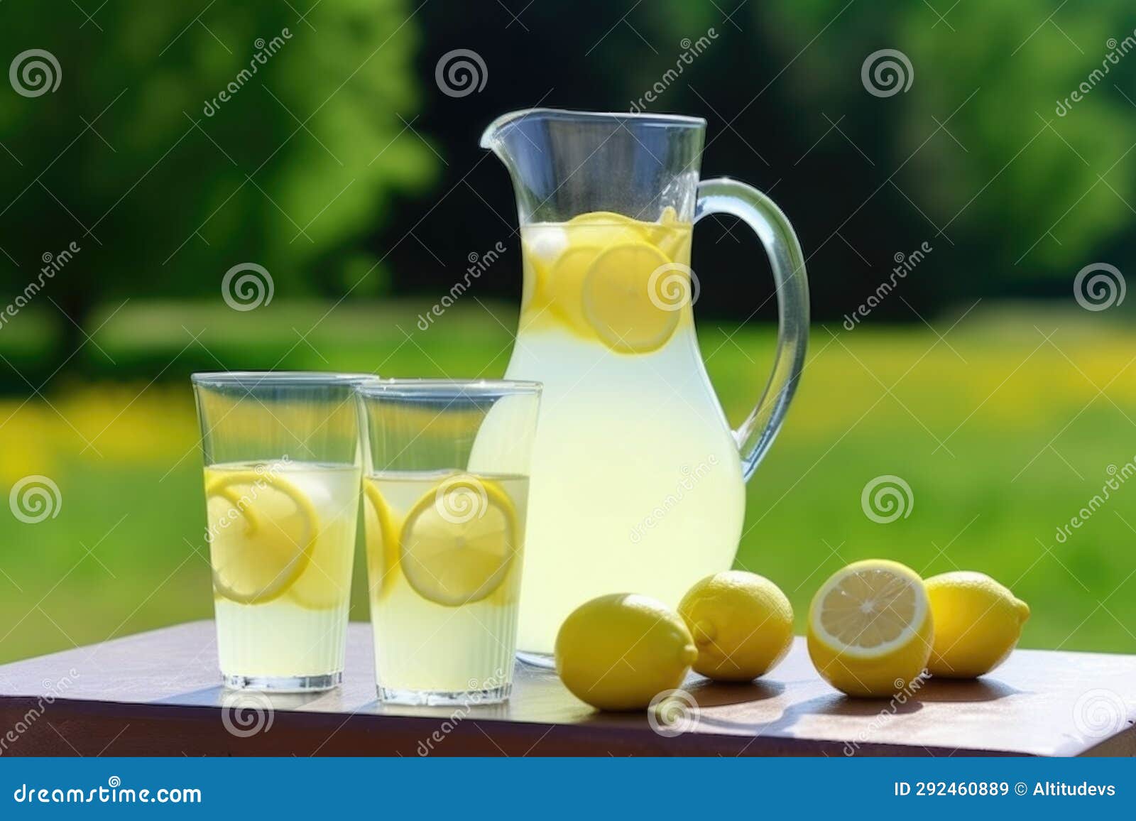 Lemonade in a Pitcher with a Set of Empty Glasses Outside during a ...