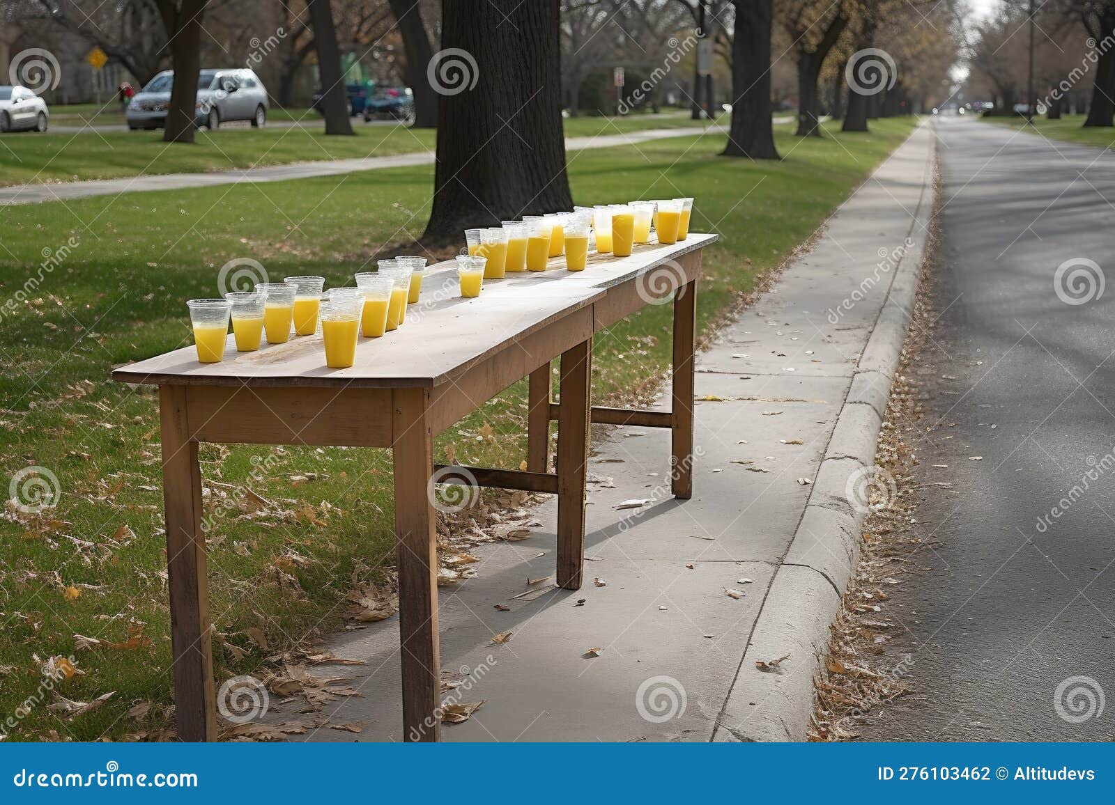 Lemonade Stand after a Busy Day, with Empty Cups and Coins Scattered ...