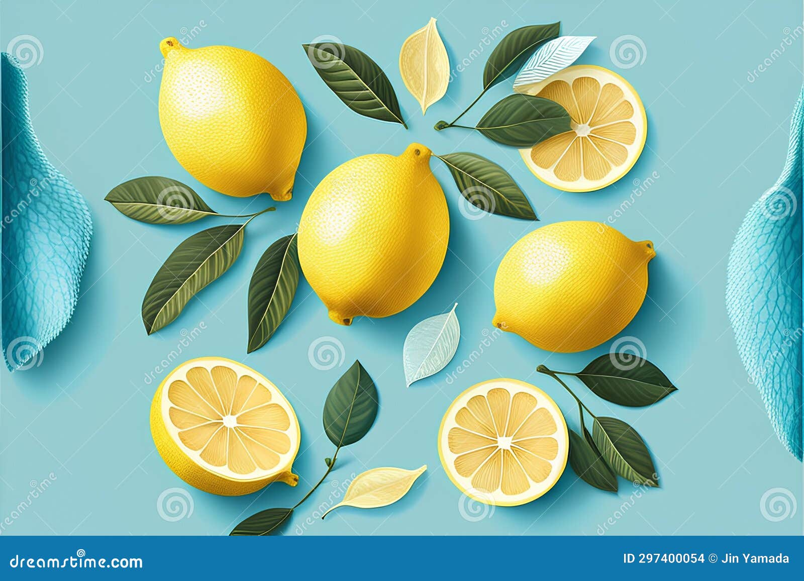 Lemons and Leaves on Light Blue Background. Vector Illustration Stock ...