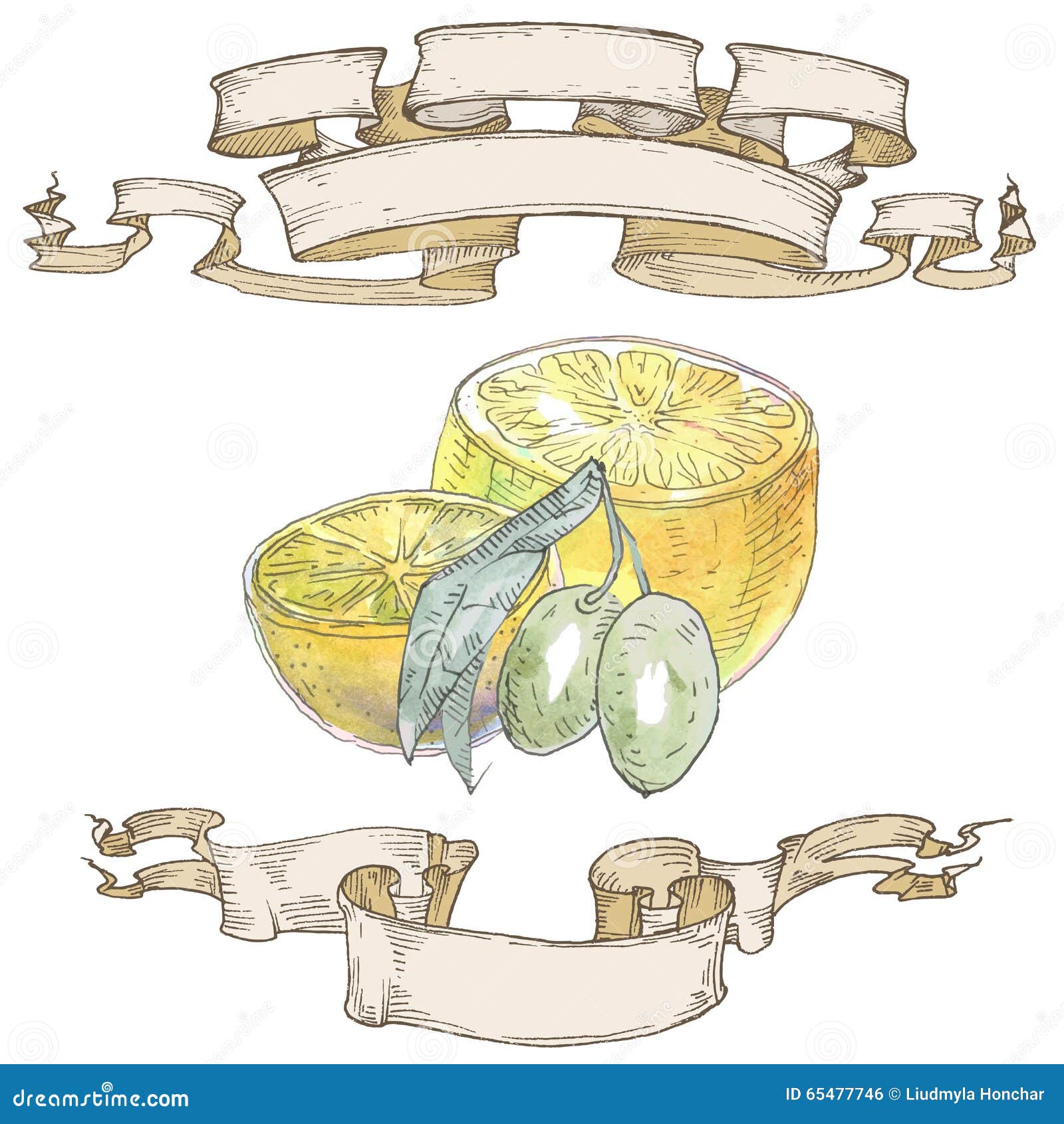 Lemons with Leaves and Ribbons. Stock Vector - Illustration of flag ...