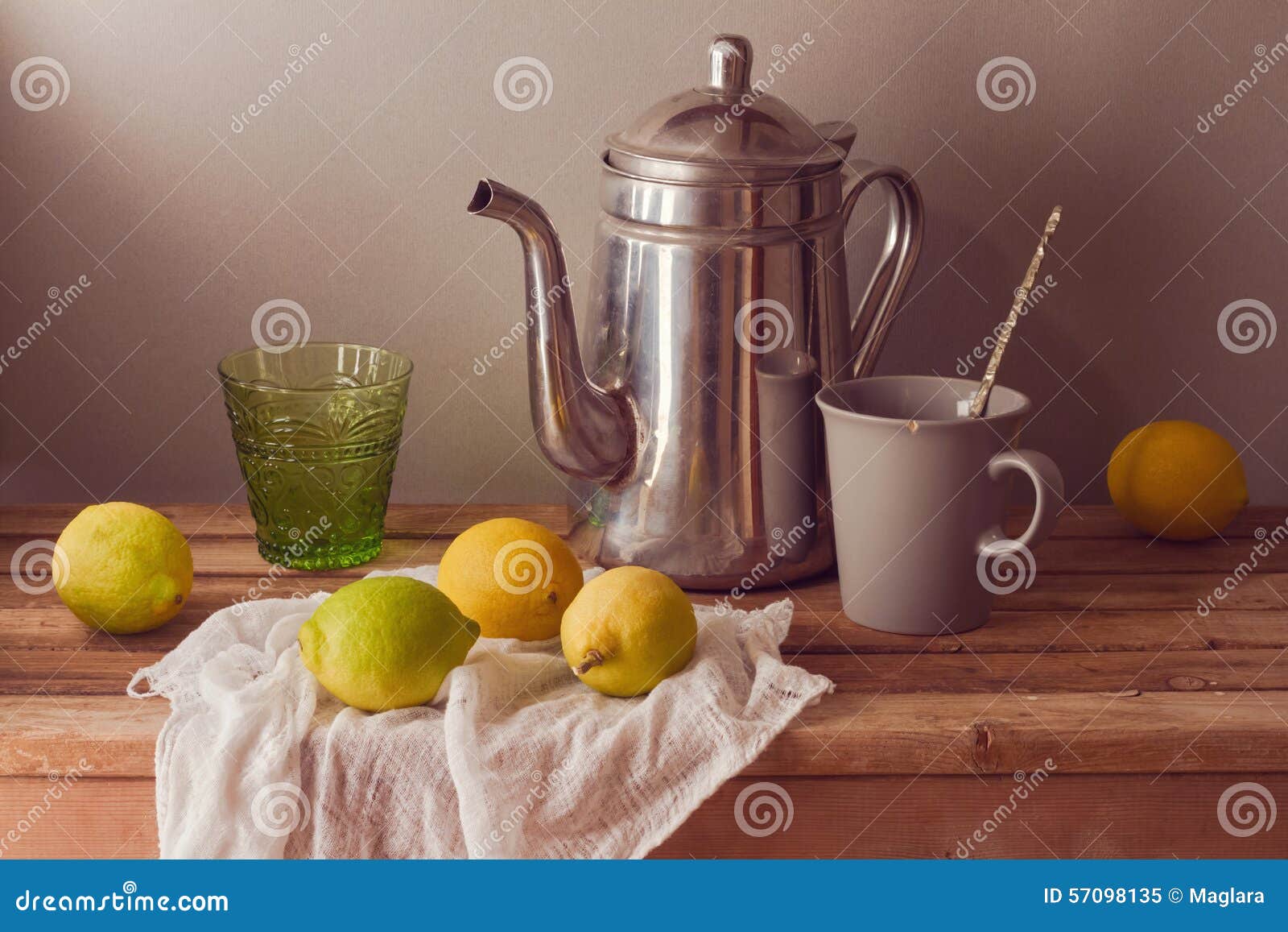 Lemons and Tea Pot on Wooden Table. Vintage Rustic Still Life Stock ...