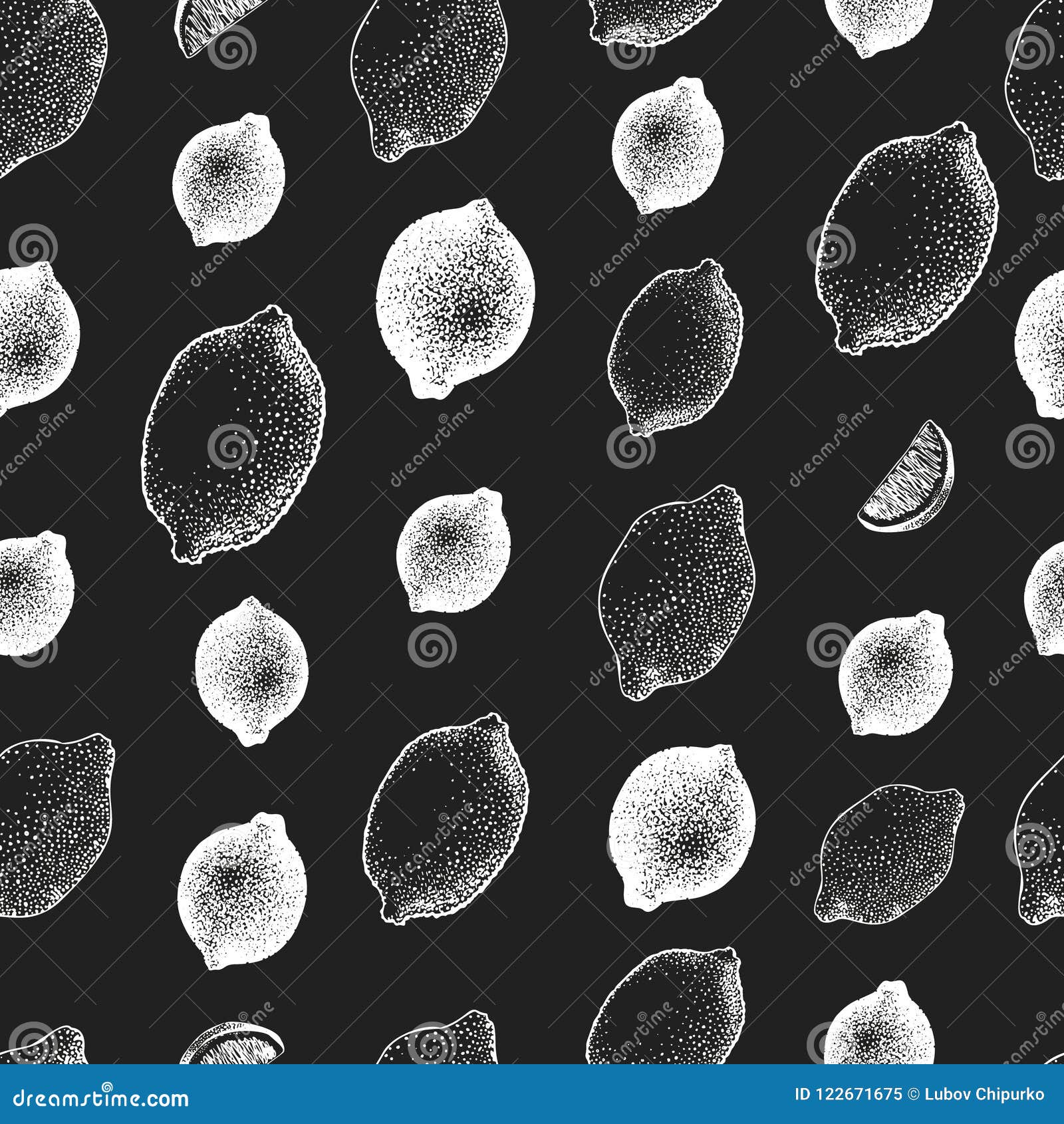 Lemon Seamless Pattern. Hand Drawn Vector Fruit Illustration on Chalk ...