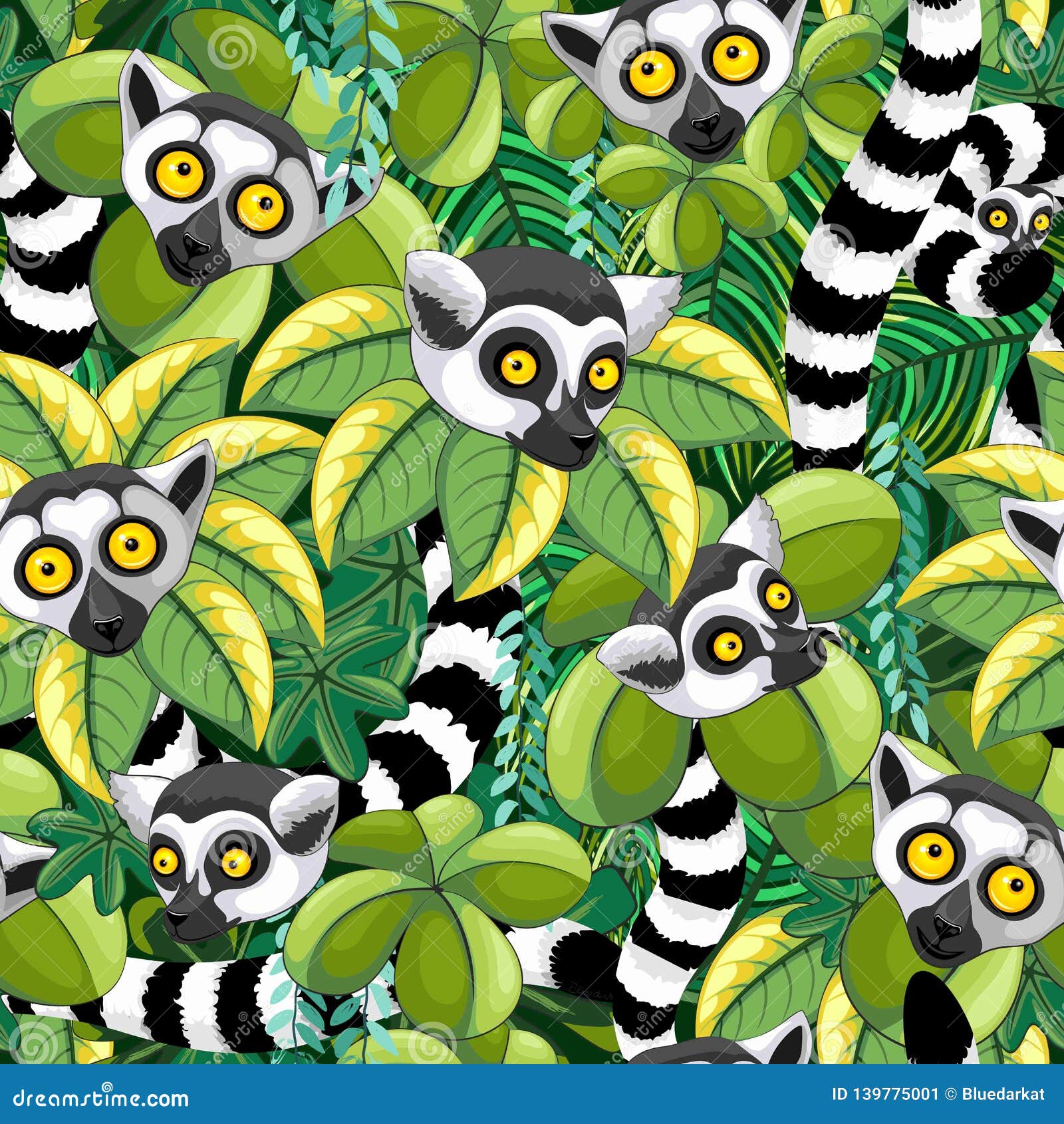 Lemurs of Madagascar in Exotic Jungle Seamless Pattern Vector Textile ...