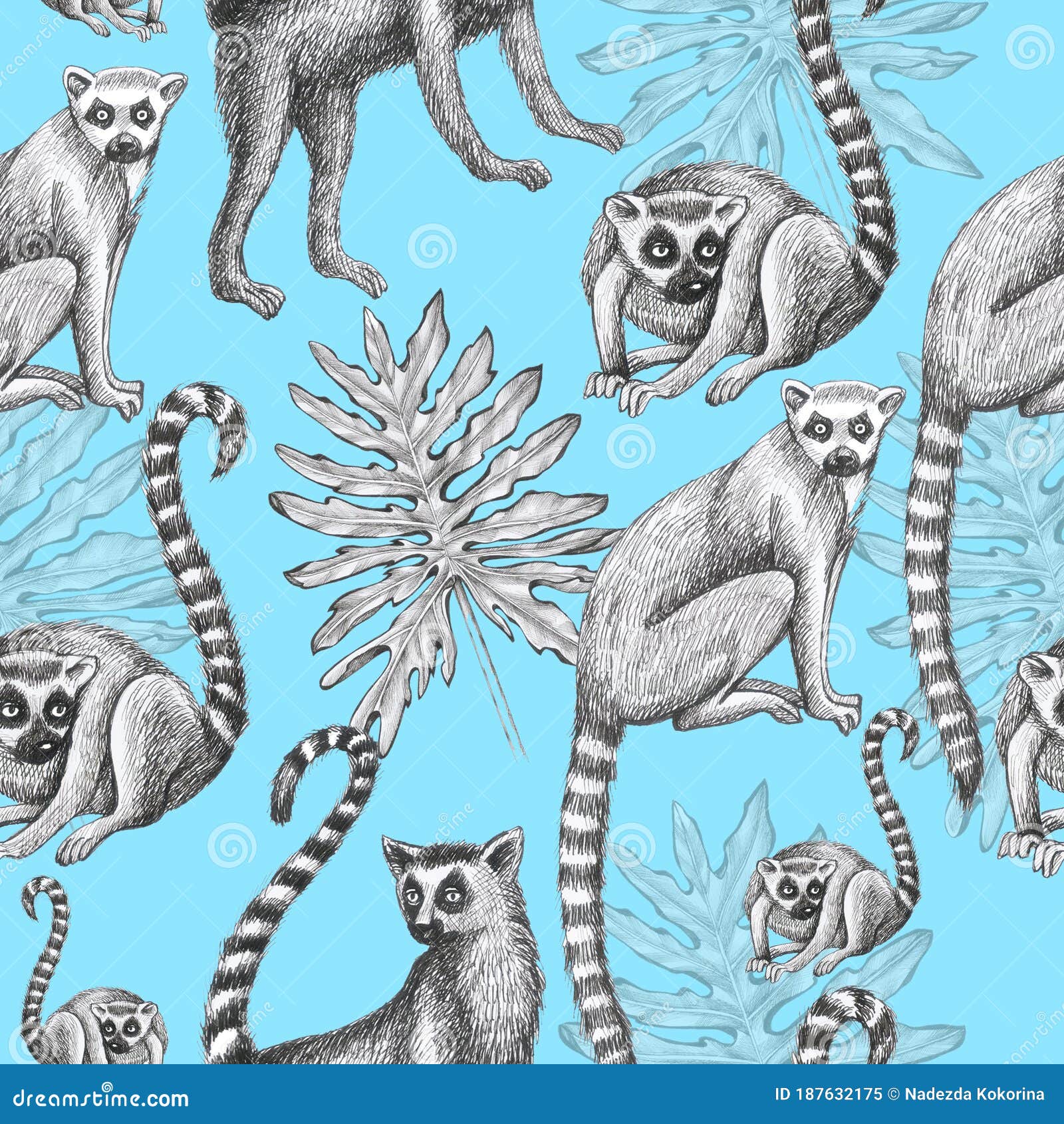 Lemurs Pattern Drawing Silhouette Tropical Animals Isolate Object Pink ...