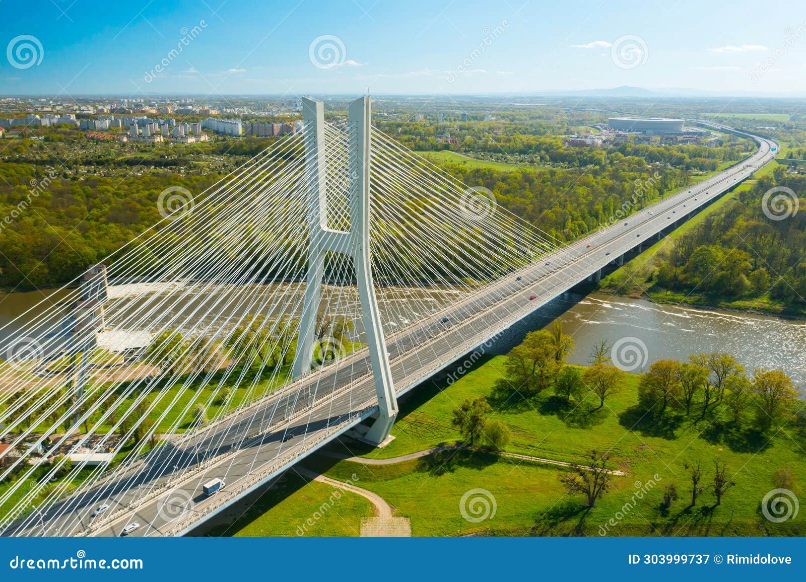 A Lengthy Pylon Bridge Extends Across the Oder River, Casting Its ...