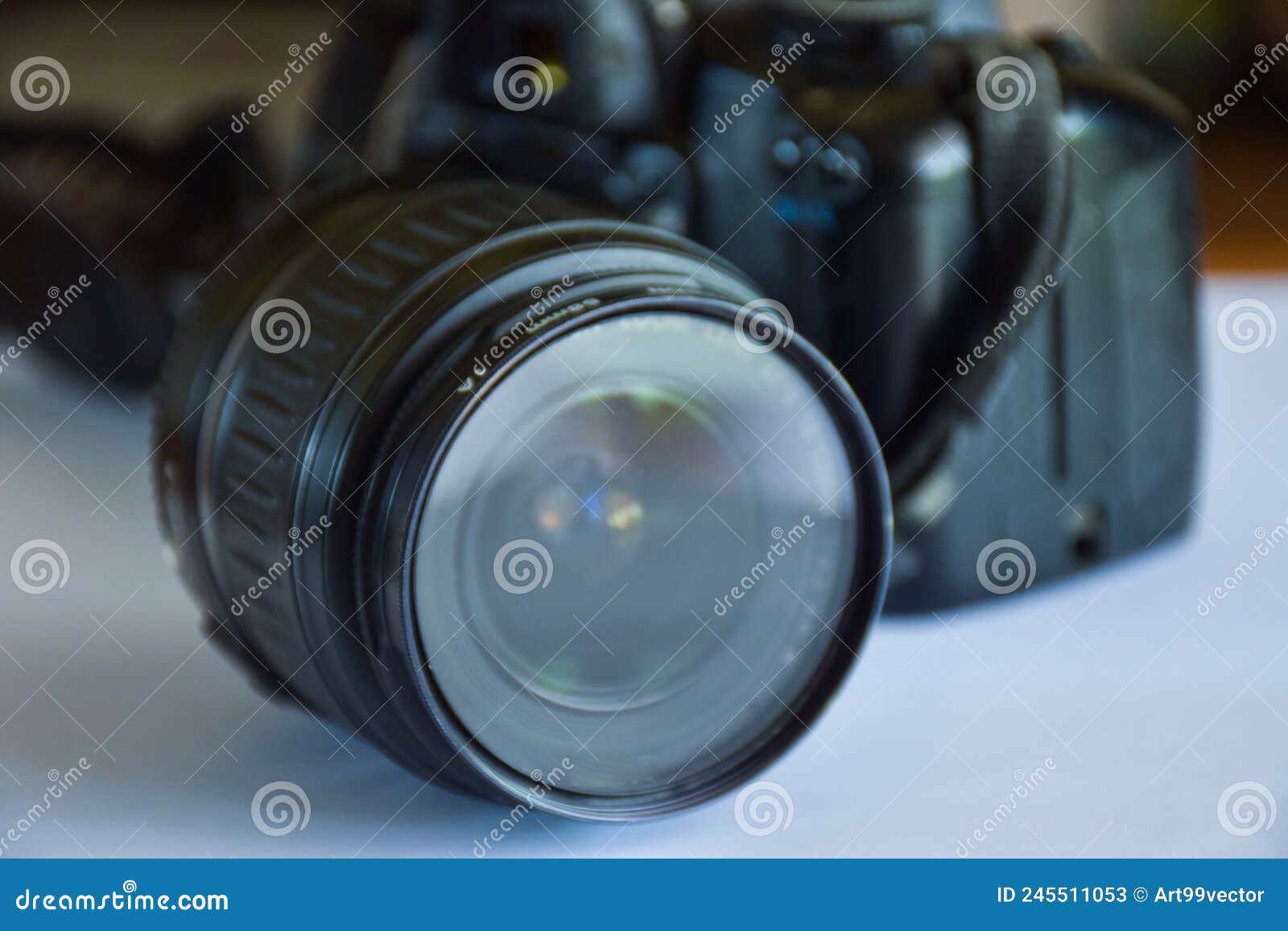 Lens and Camera on White Background and Soft Light Stock Image - Image ...